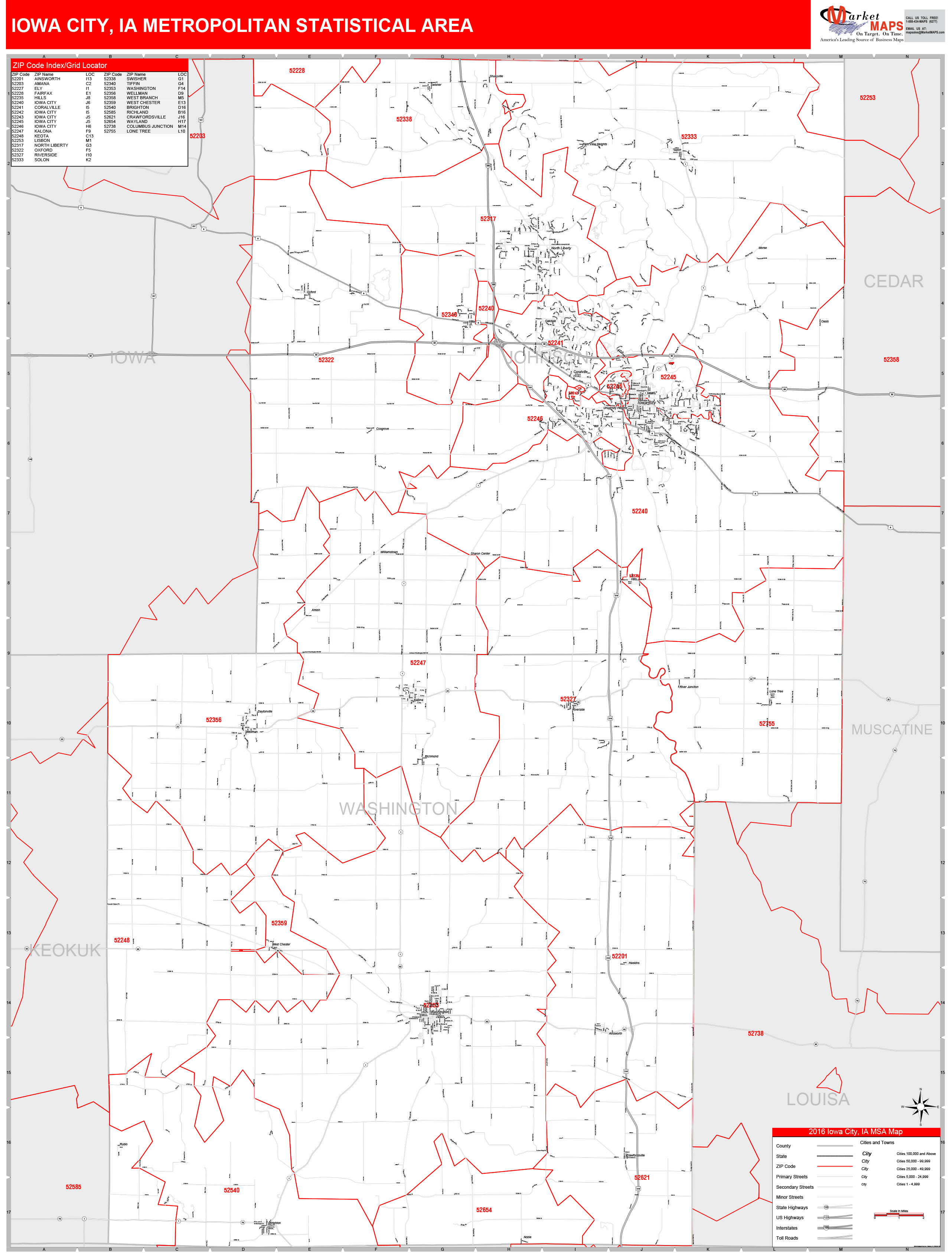 Iowa City, IA Metro Area Wall Map Red Line Style by MarketMAPS