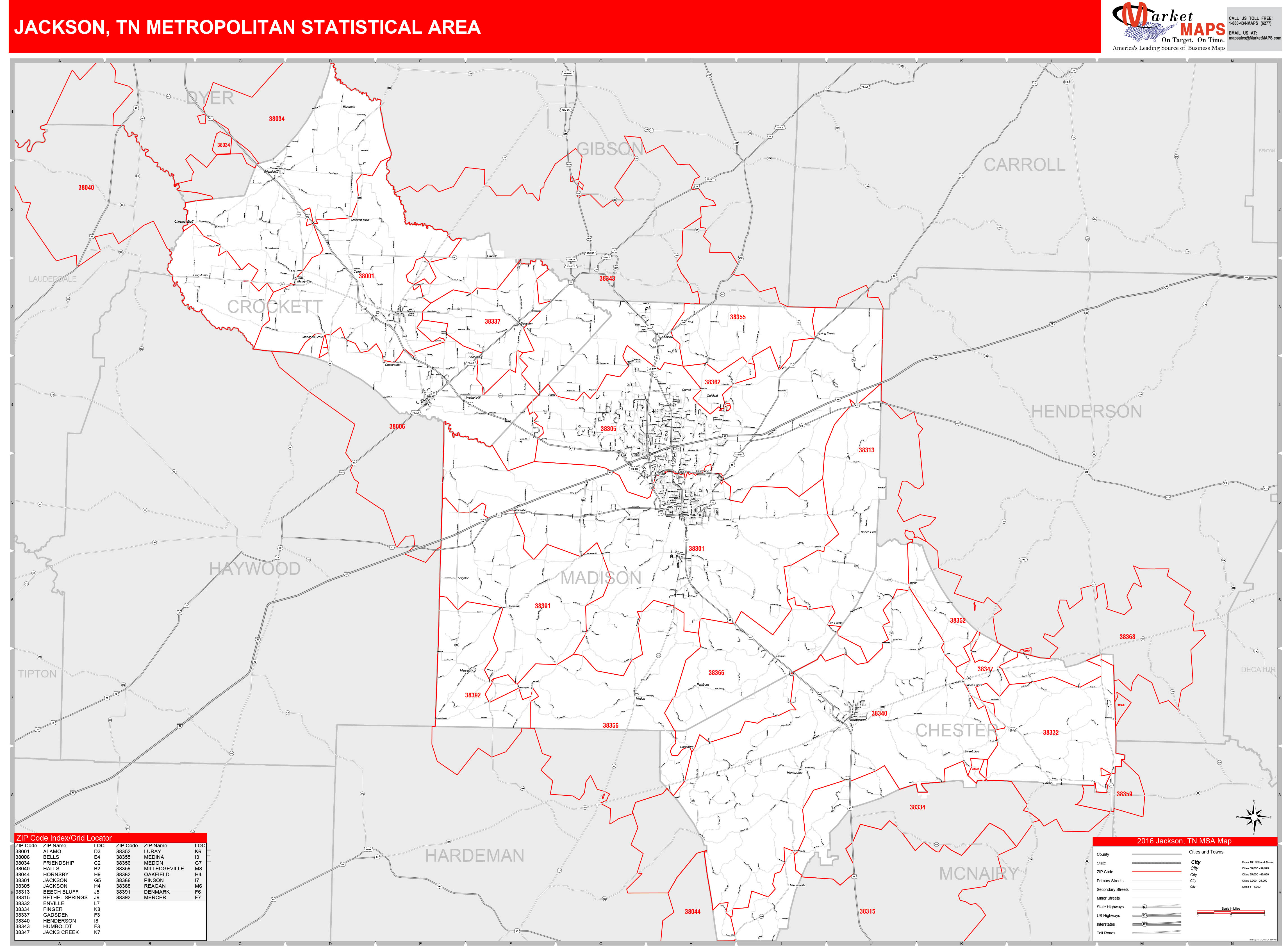 Jackson, TN Metro Area Wall Map Red Line Style by MarketMAPS - MapSales.com