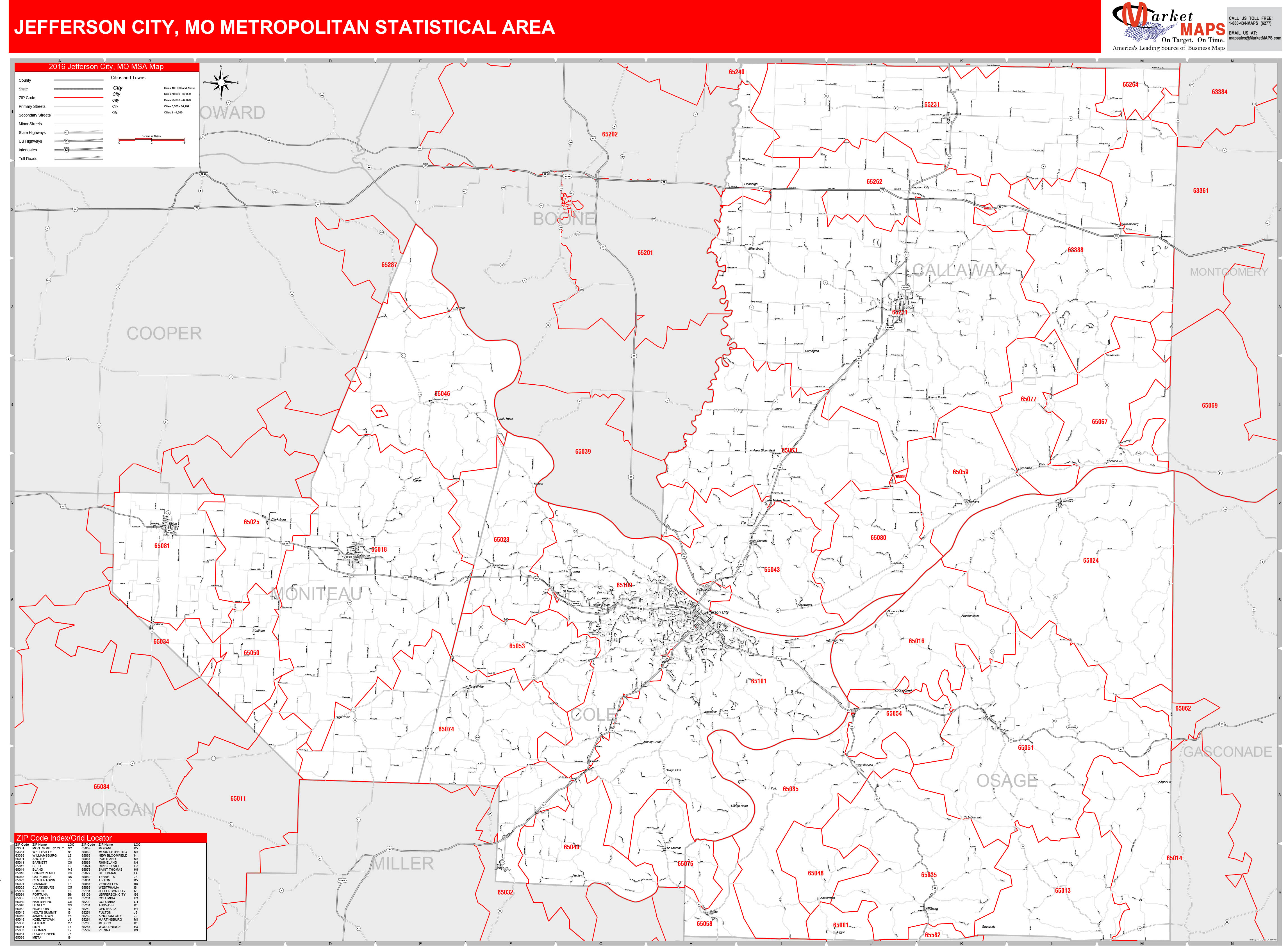 Jefferson City, MO Metro Area Wall Map Red Line Style by MarketMAPS
