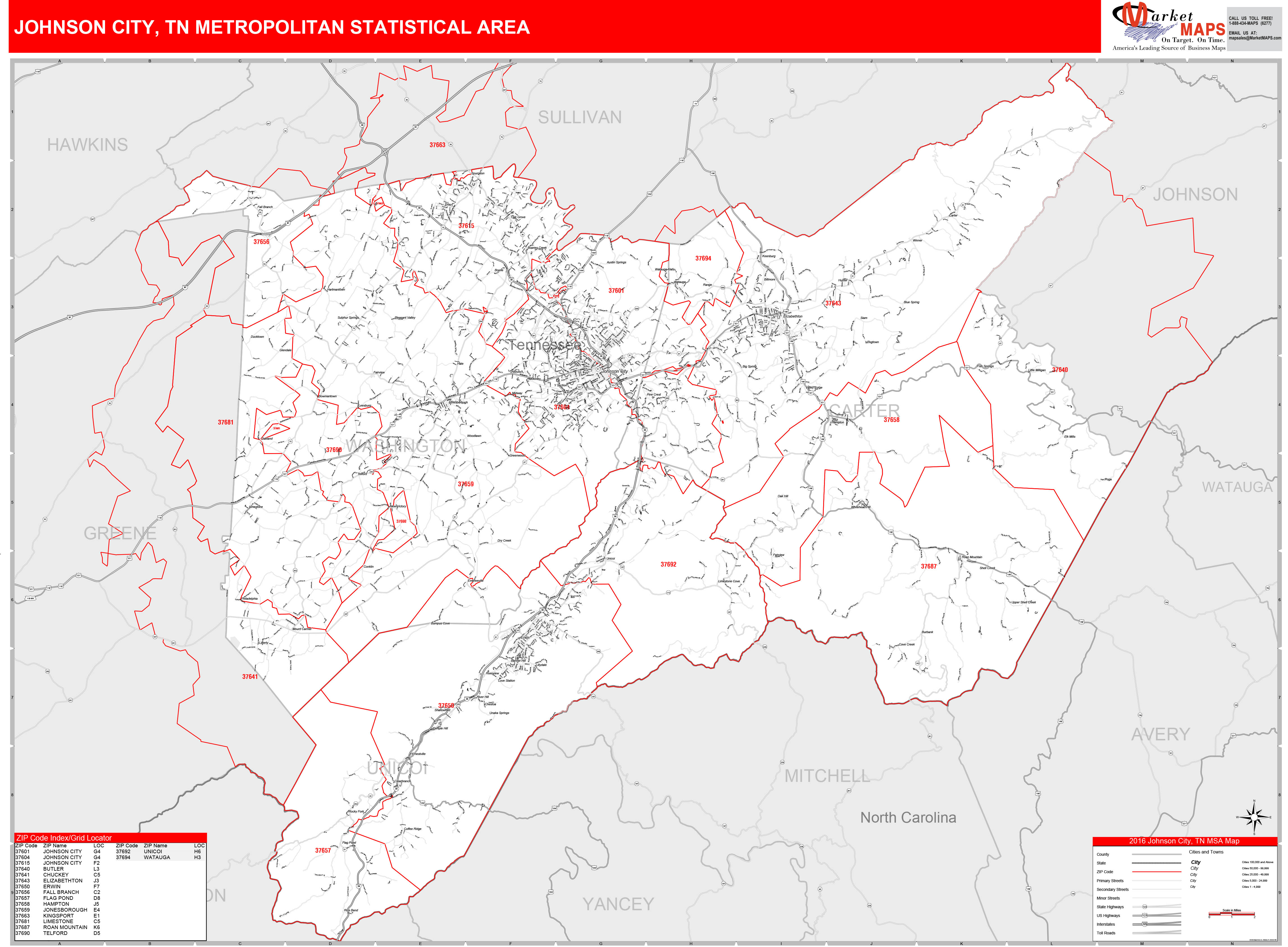Johnson City, TN Metro Area Wall Map Red Line Style by MarketMAPS