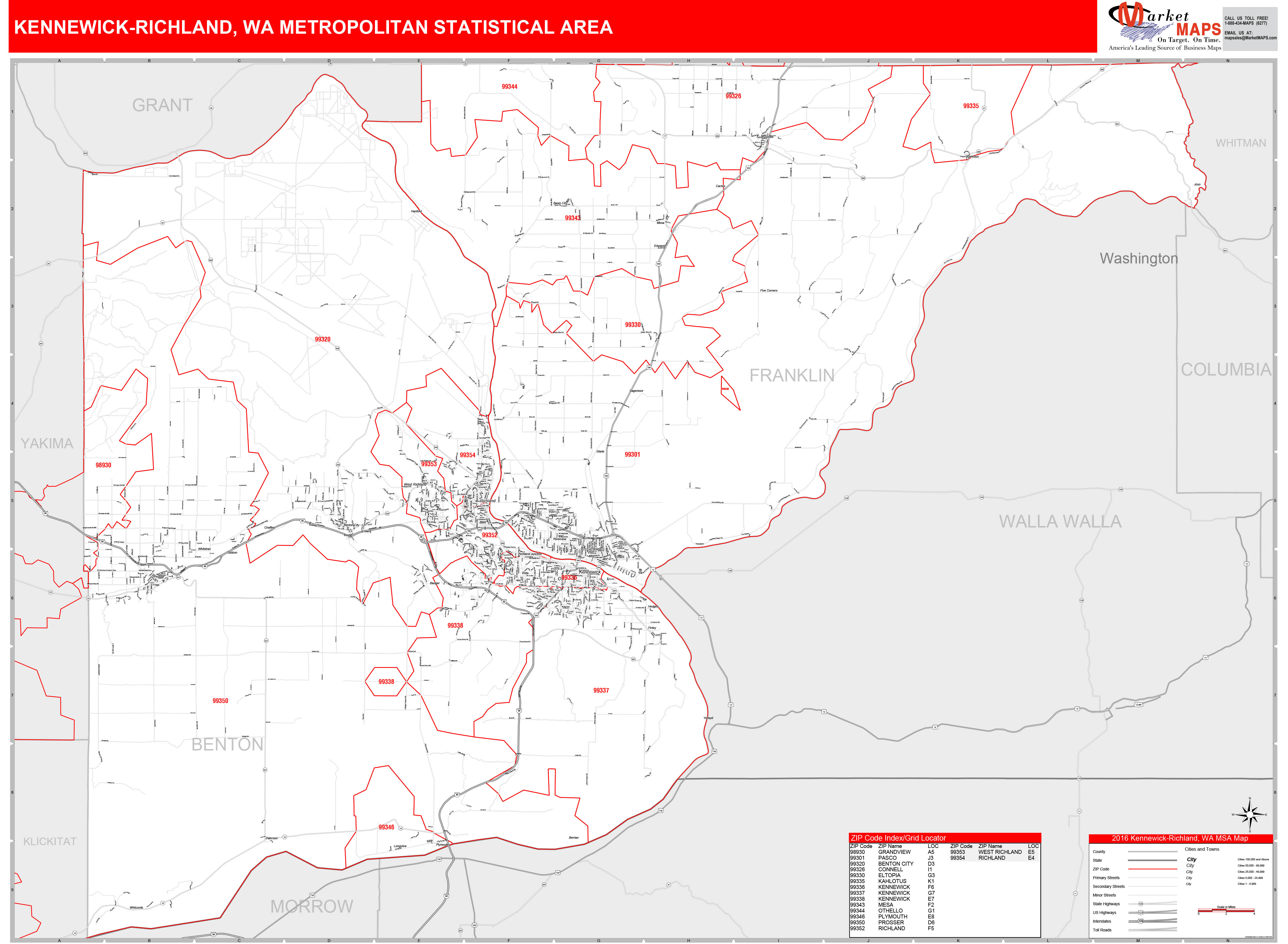Kennewick-Richland, WA Metro Area Wall Map Red Line Style by MarketMAPS