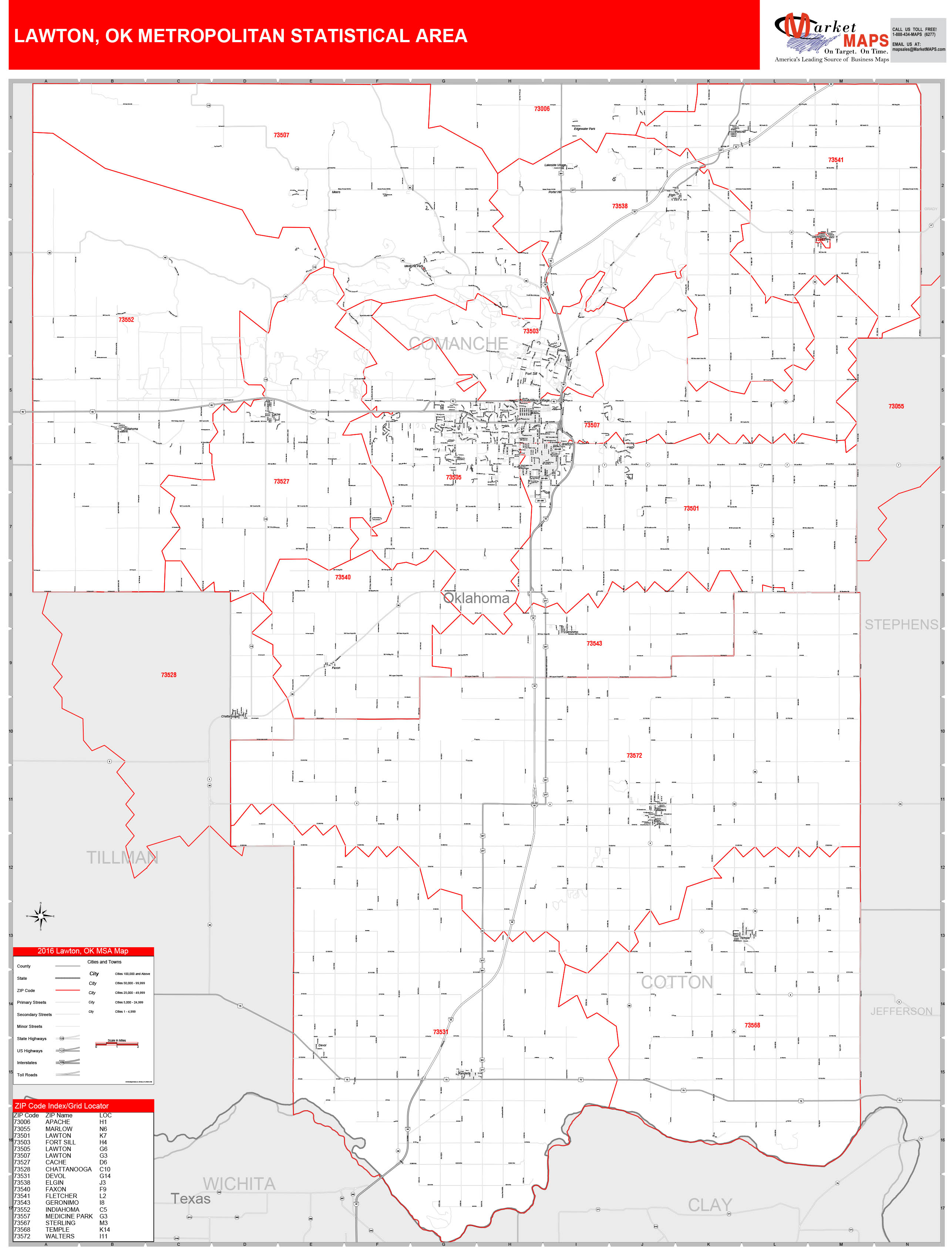 Lawton, OK Metro Area Wall Map Red Line Style by MarketMAPS - MapSales.com