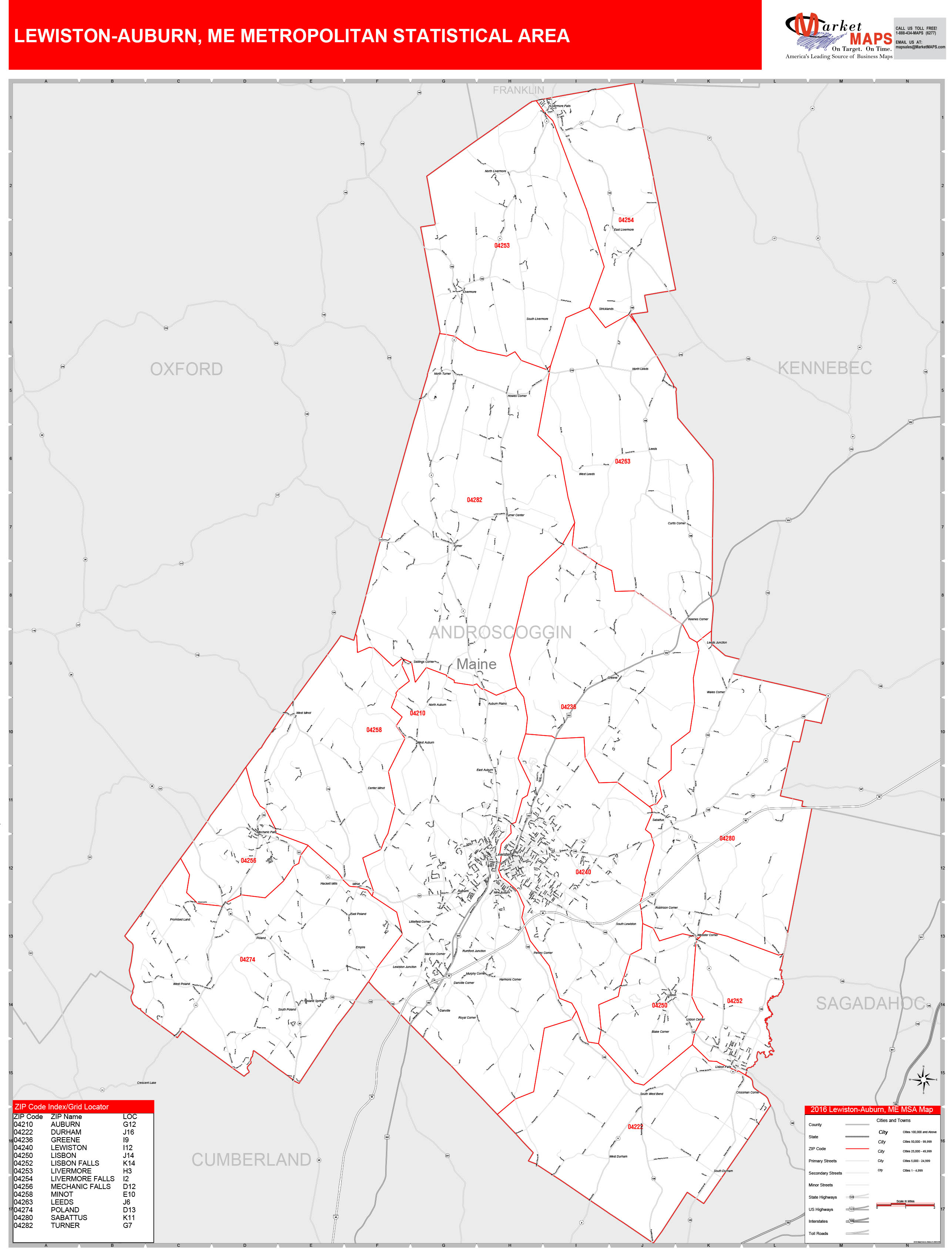 Lewiston-Auburn, ME Metro Area Wall Map Red Line Style by MarketMAPS ...