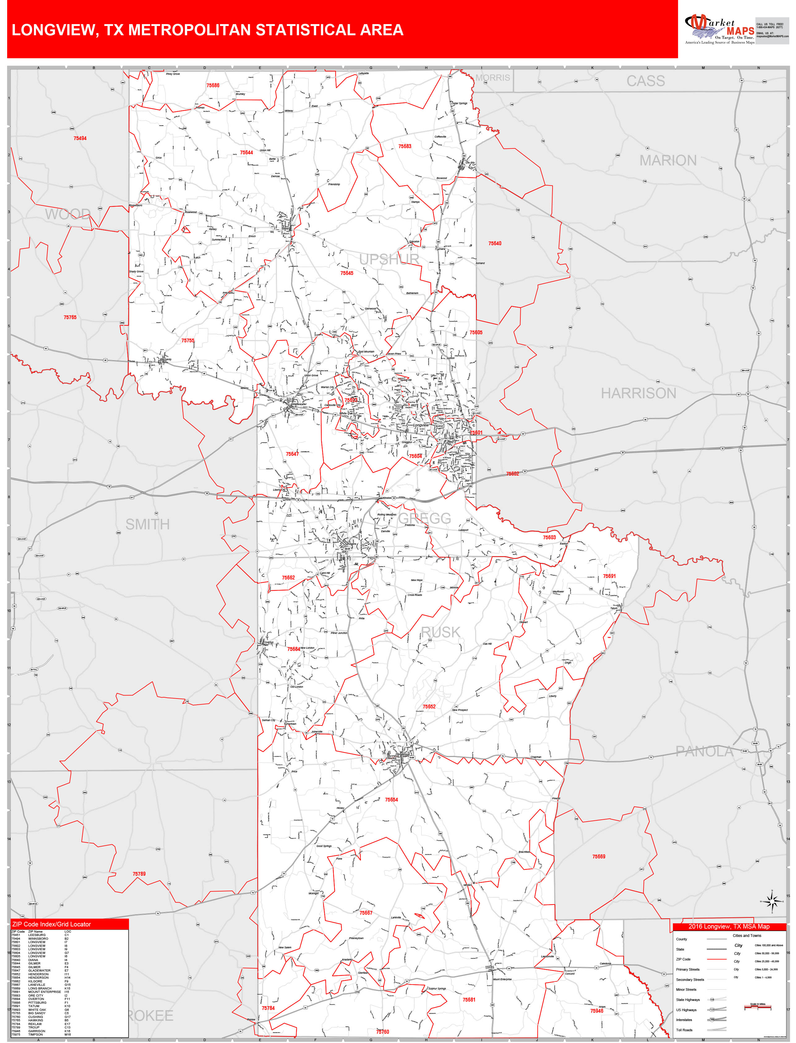 Longview, TX Metro Area Wall Map Red Line Style by MarketMAPS ...