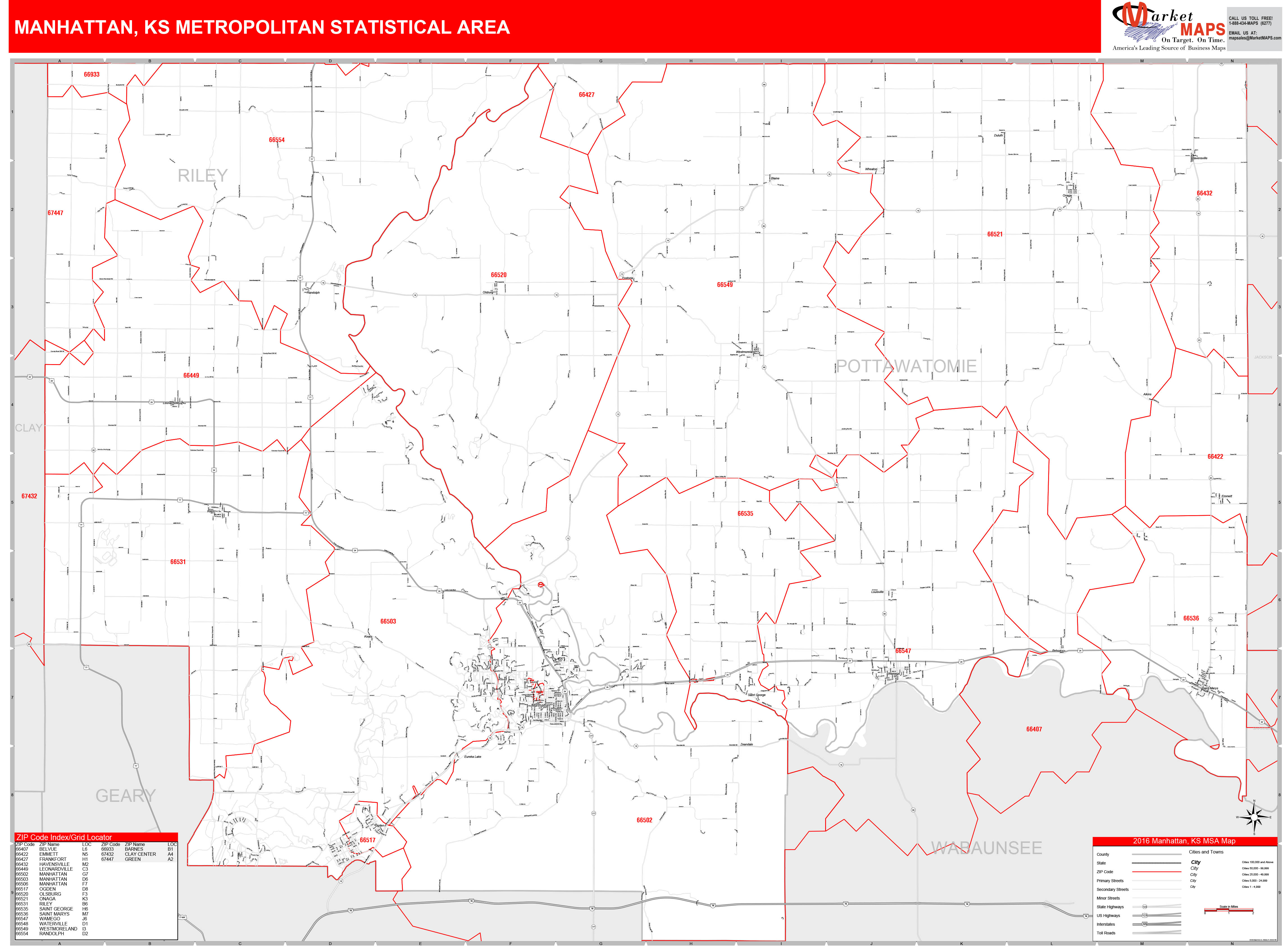 Manhattan, KS Metro Area Wall Map Red Line Style by MarketMAPS ...
