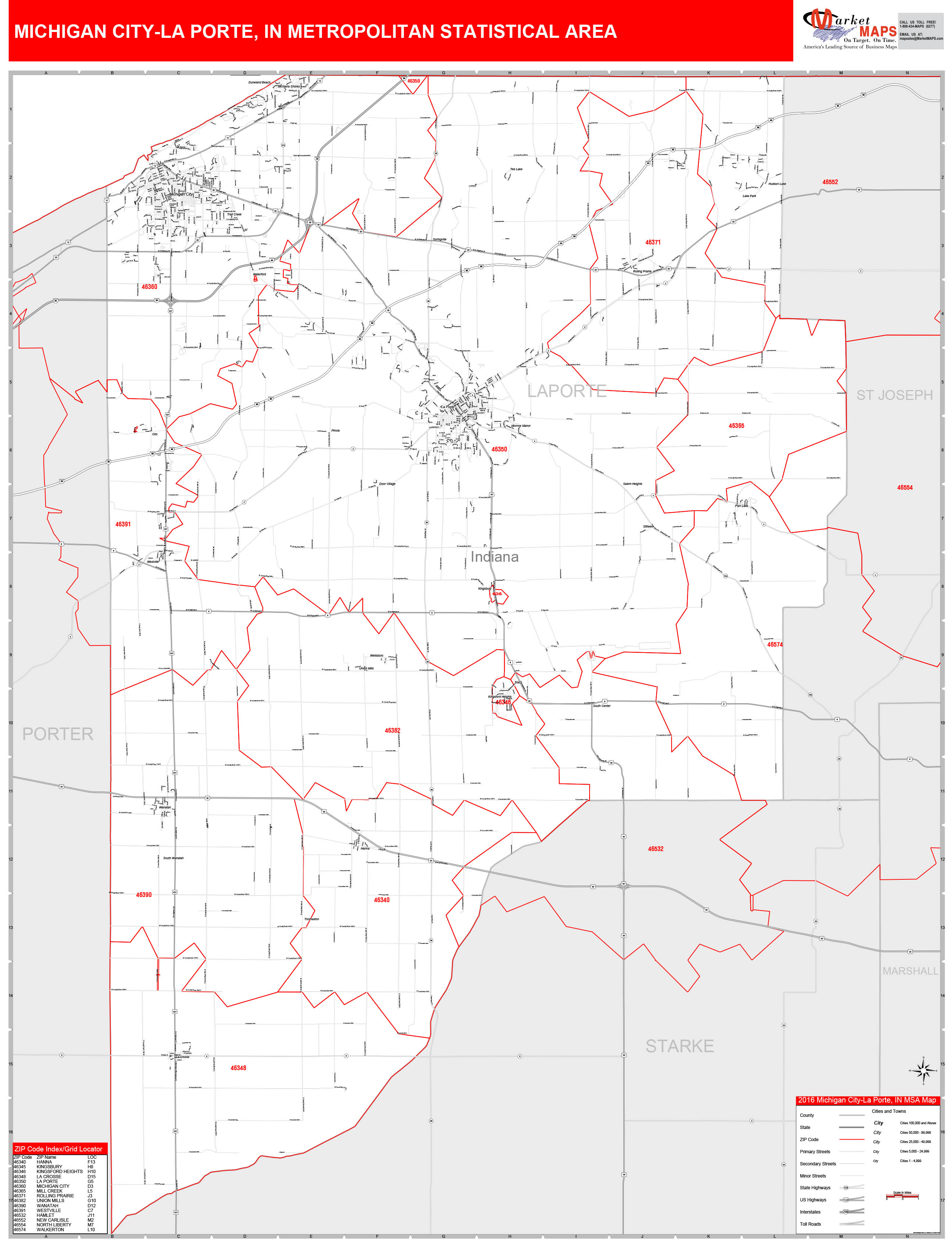 Michigan City-La Porte, IN Metro Area Wall Map Red Line Style by ...