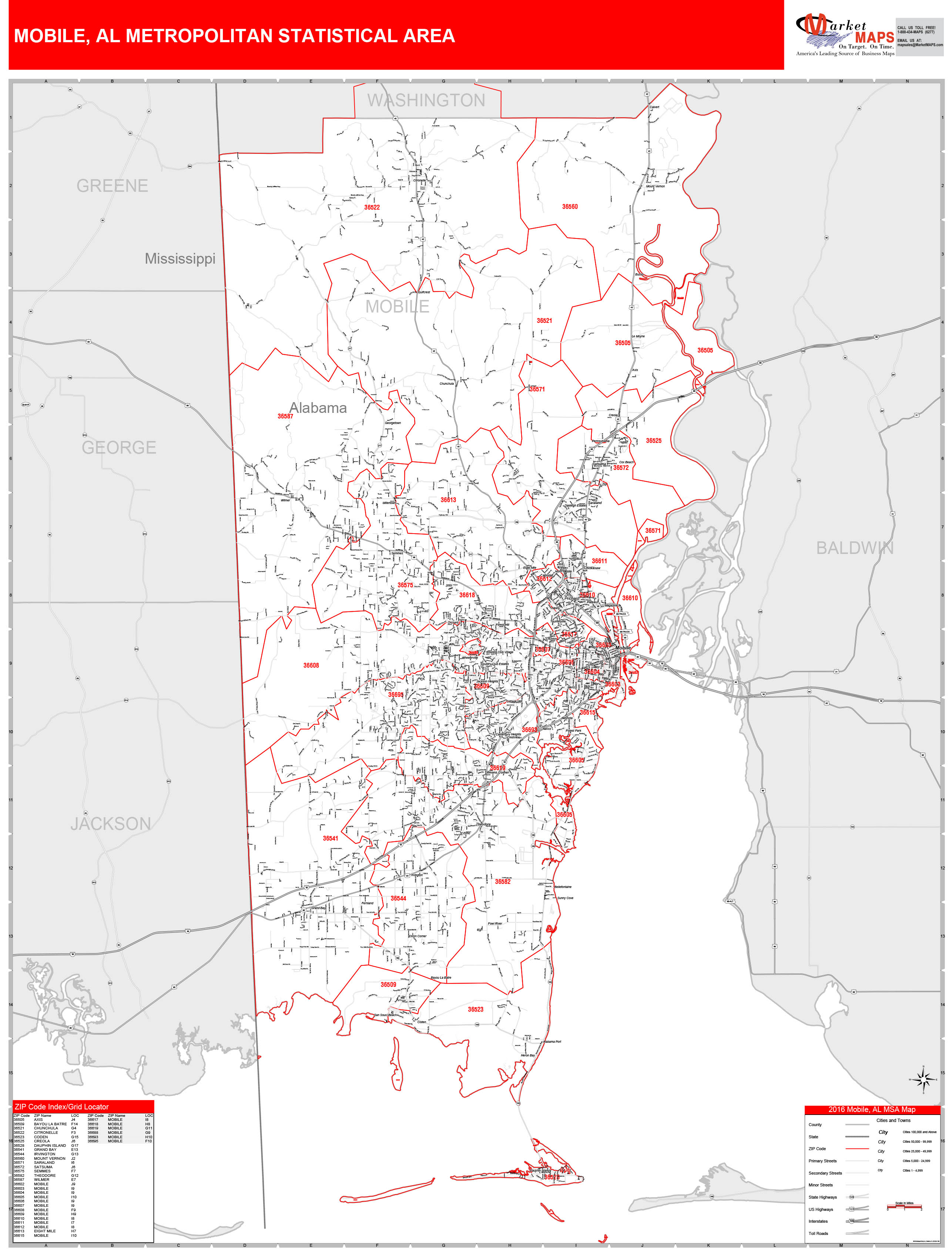 Mobile, AL Metro Area Wall Map Red Line Style by MarketMAPS - MapSales