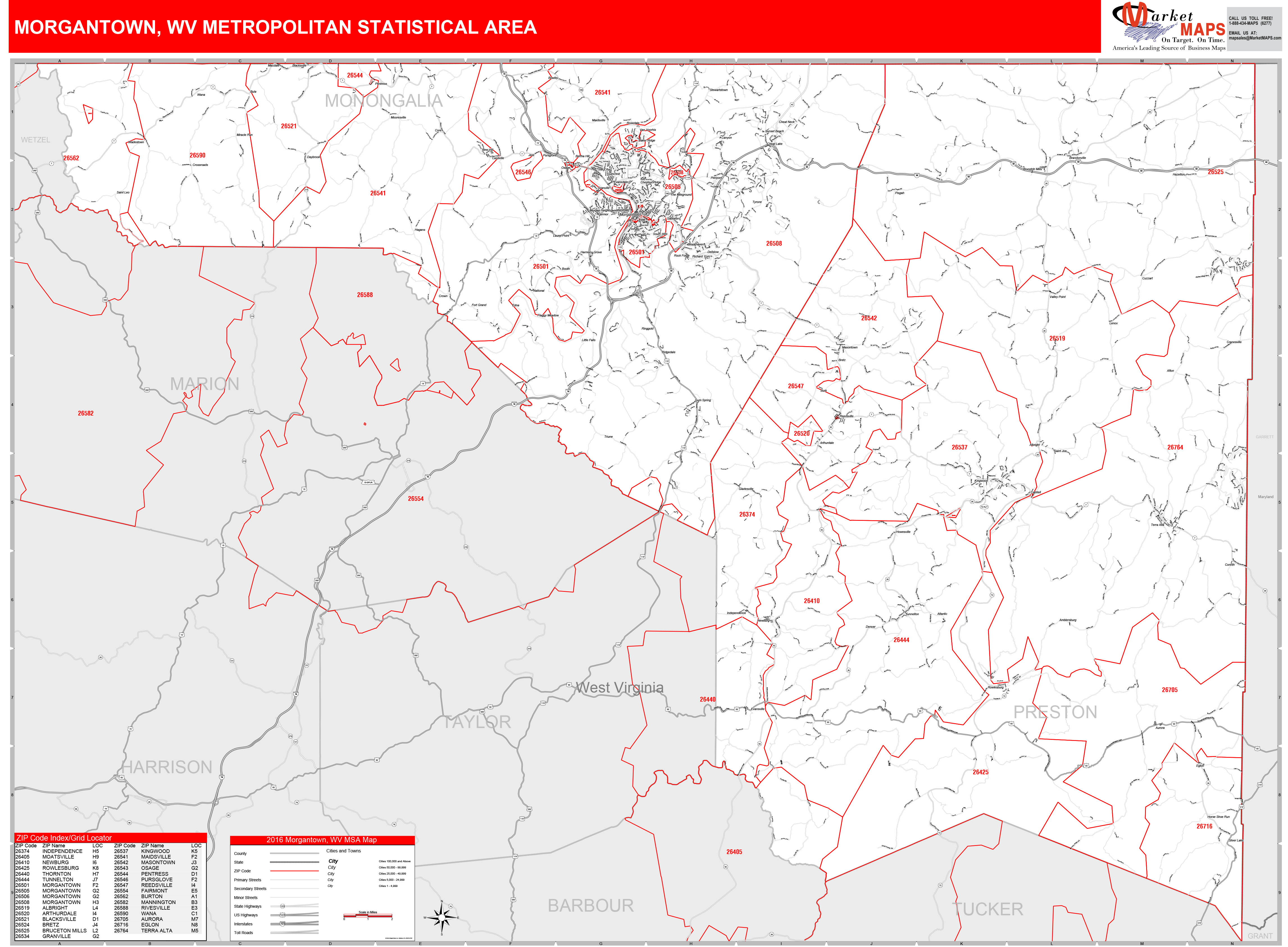Morgantown, WV Metro Area Wall Map Red Line Style by MarketMAPS - MapSales