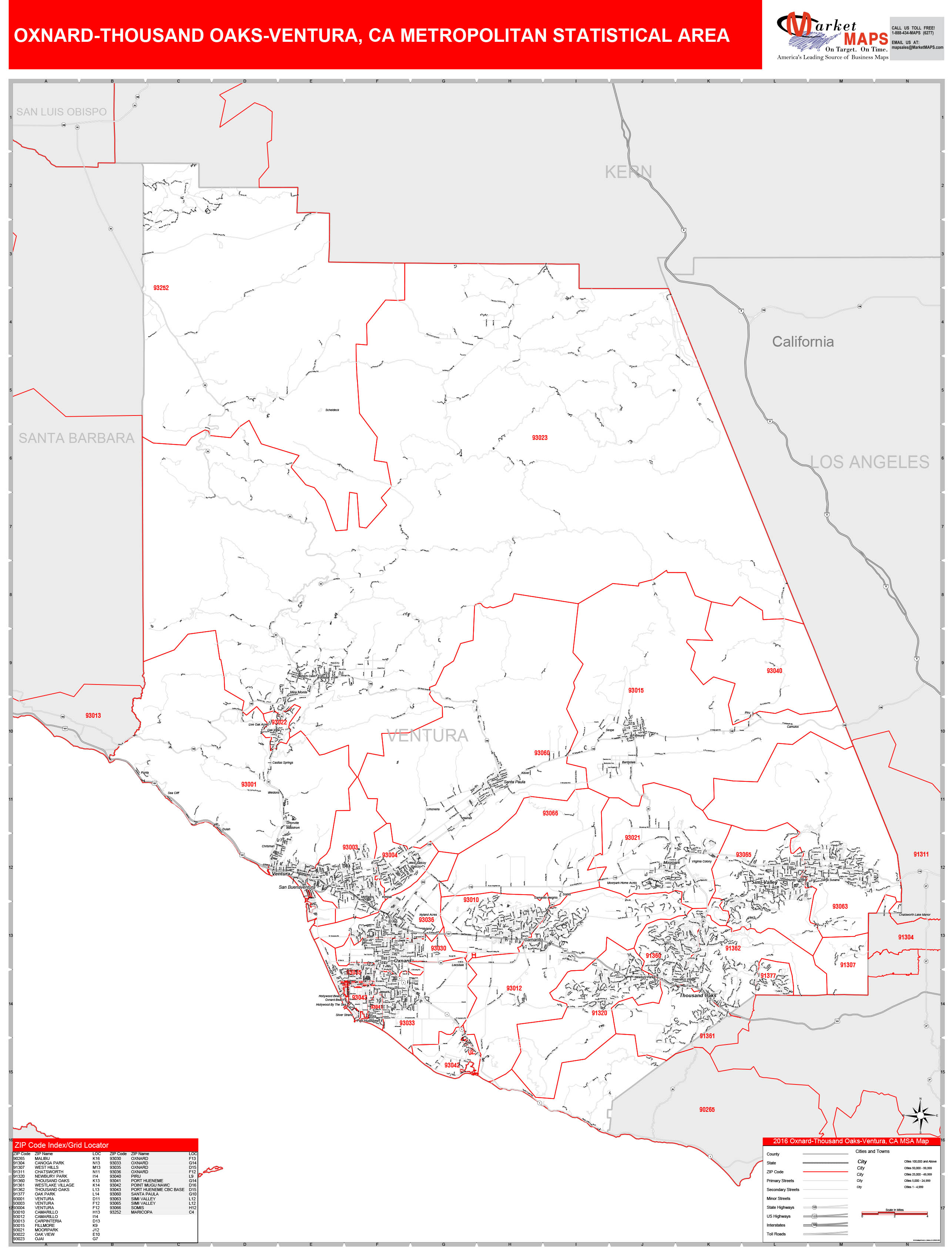 Oxnard-Thousand Oaks-Ventura, CA Metro Area Wall Map Red Line Style by ...