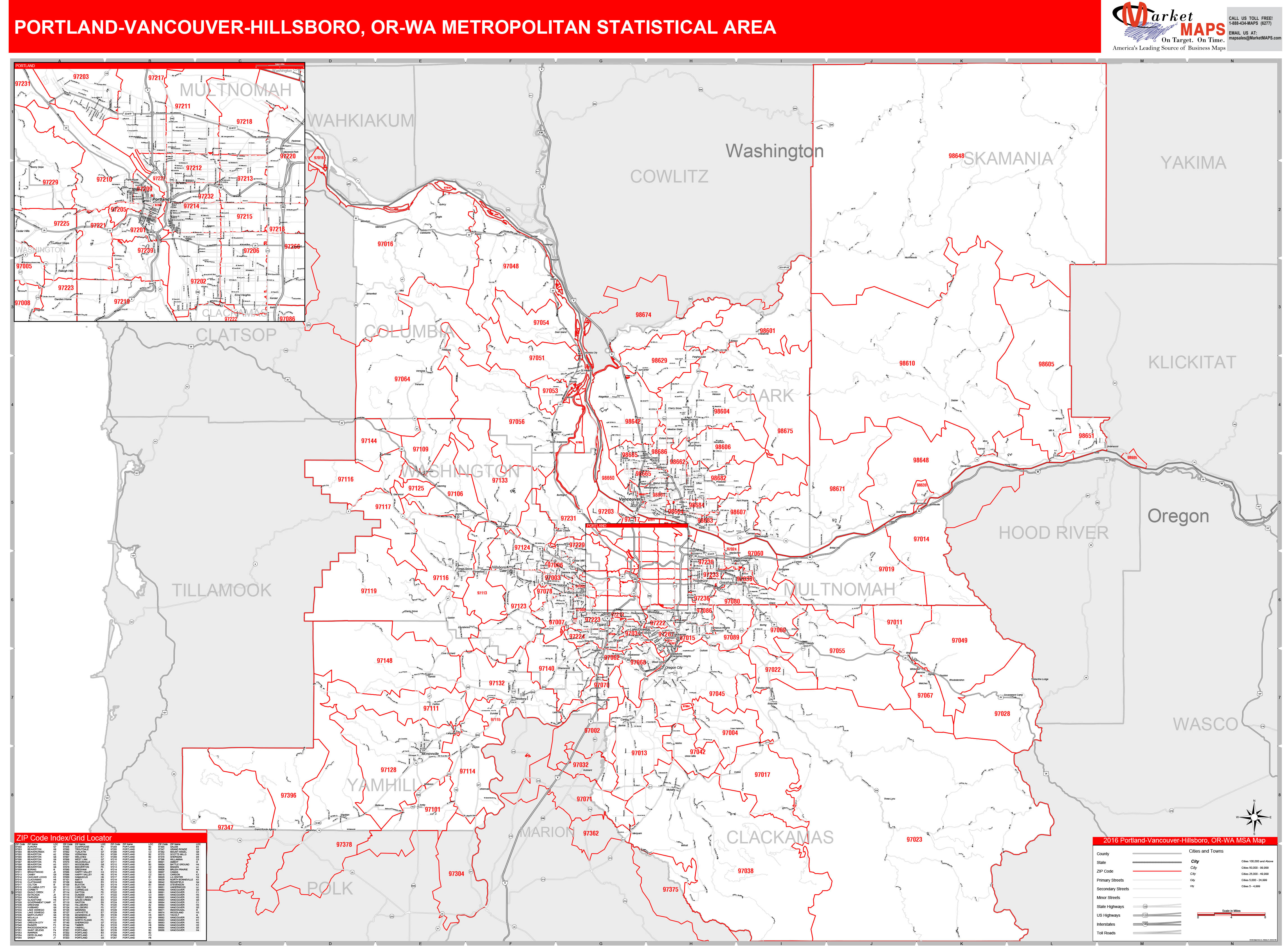 Portland-Vancouver-Hillsboro, OR Metro Area Wall Map Red Line Style by ...