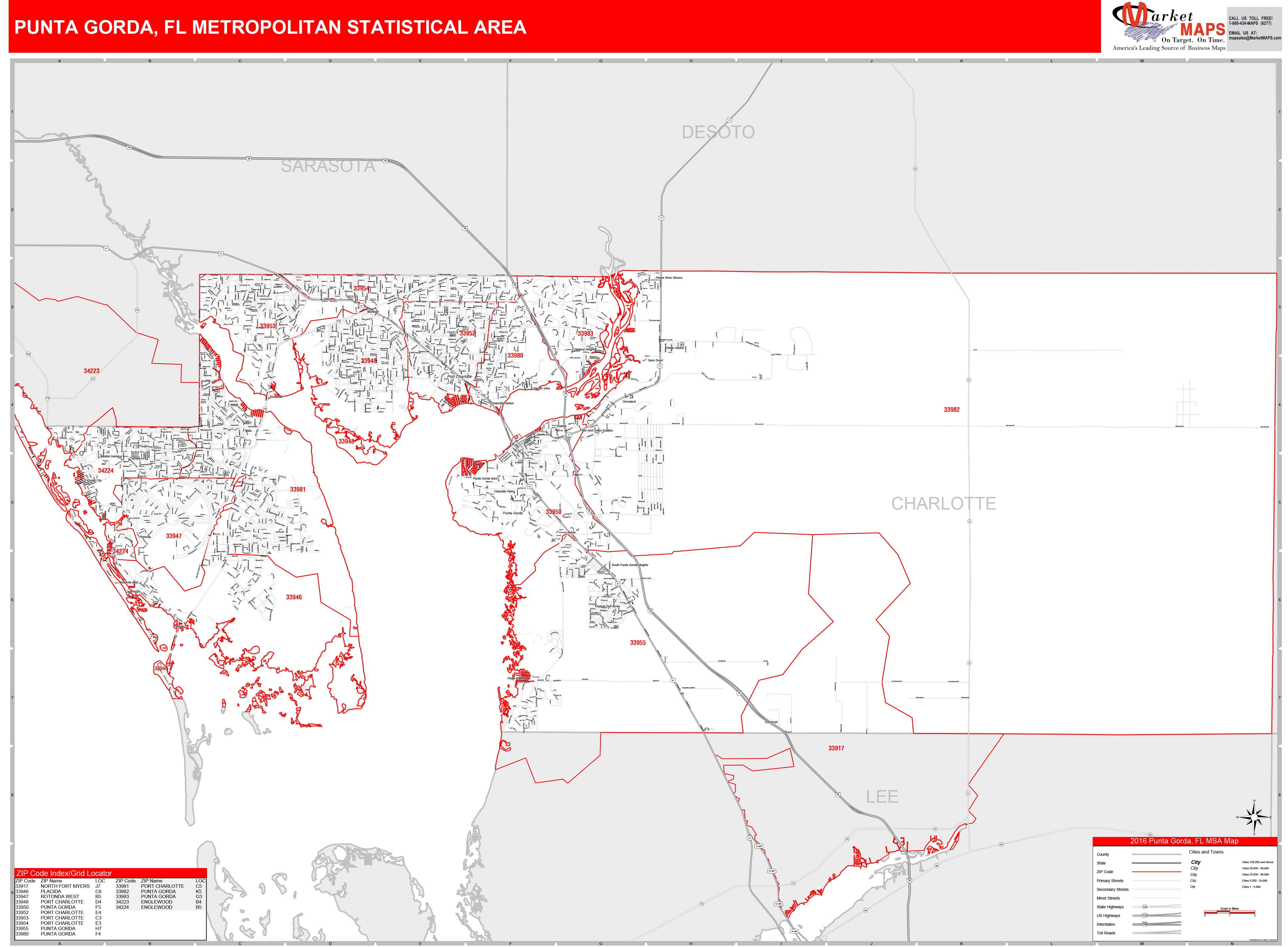 Punta Gorda, FL Metro Area Wall Map Red Line Style by MarketMAPS
