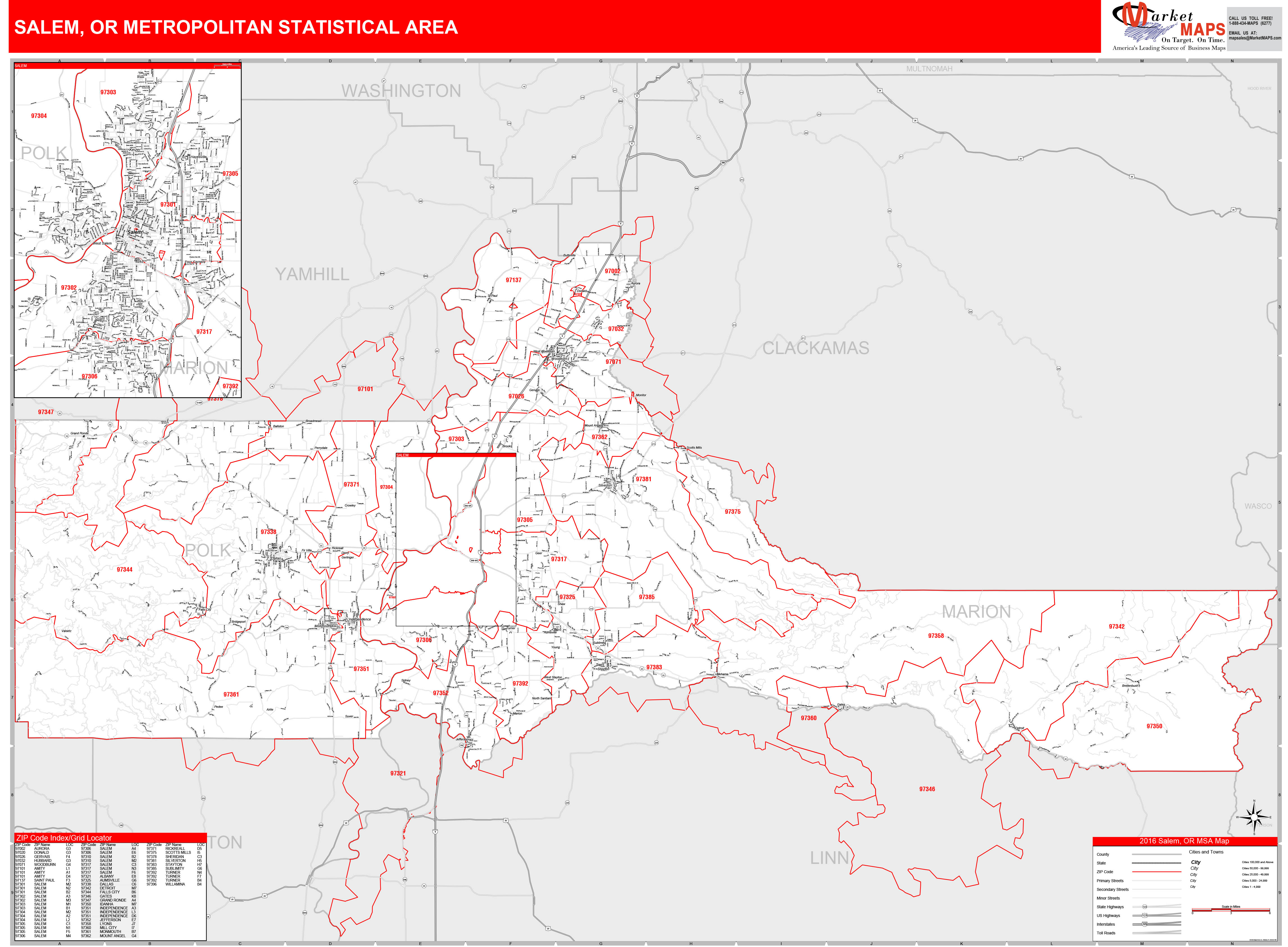 Salem, OR Metro Area Wall Map Red Line Style by MarketMAPS - MapSales