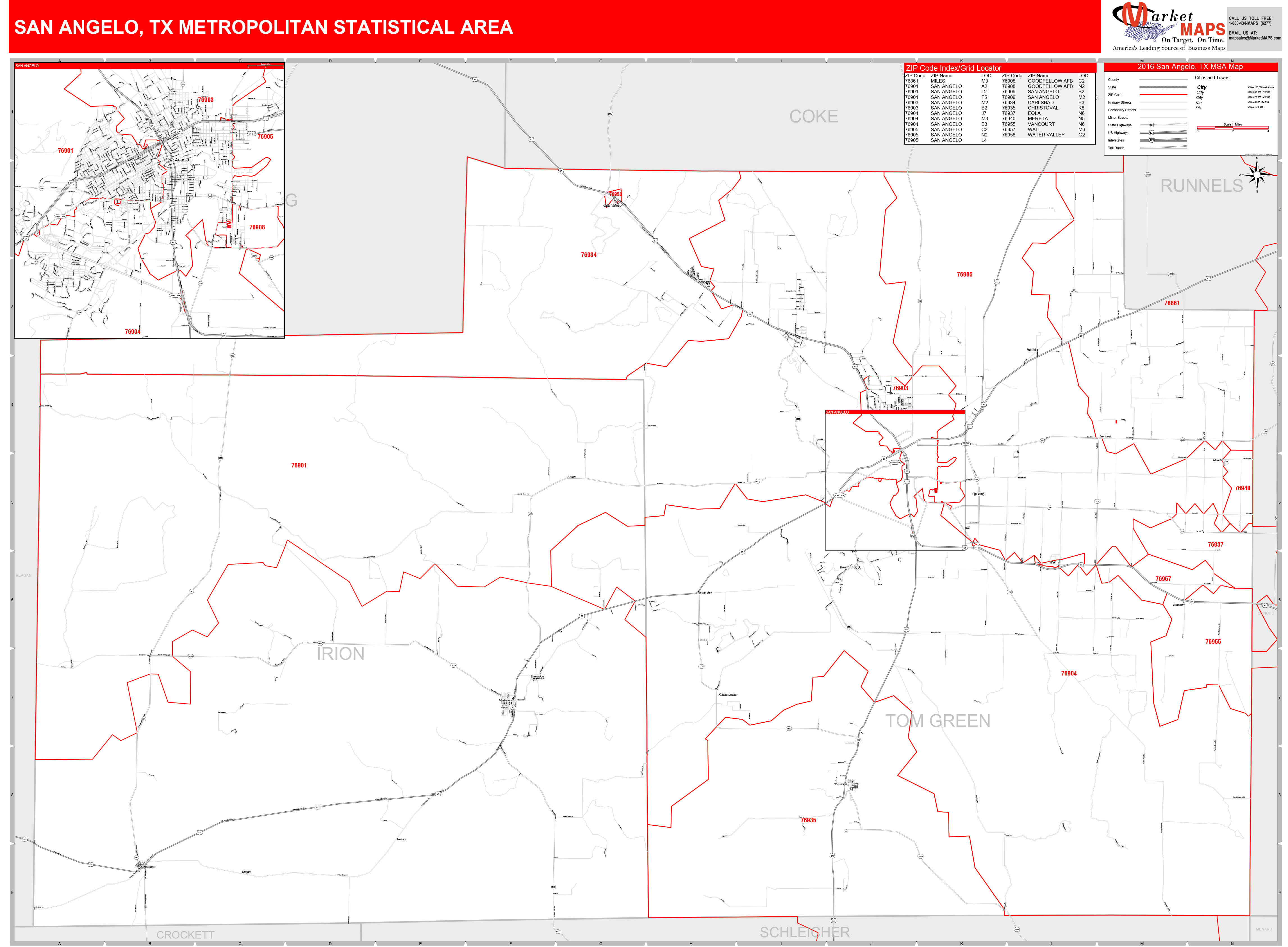 San Angelo, TX Metro Area Wall Map Red Line Style by MarketMAPS