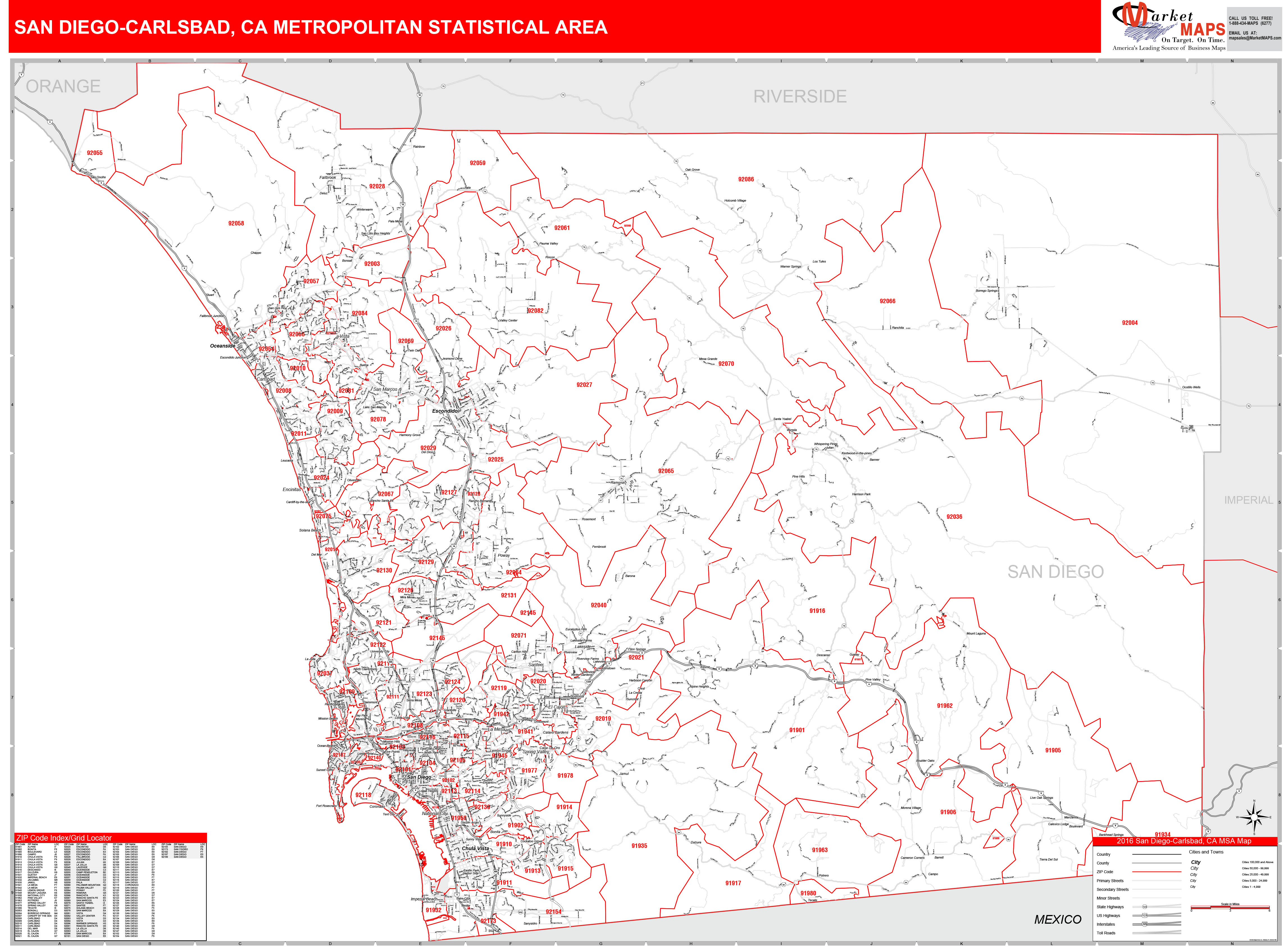 San Diego-Carlsbad, CA Metro Area Wall Map Red Line Style by MarketMAPS ...