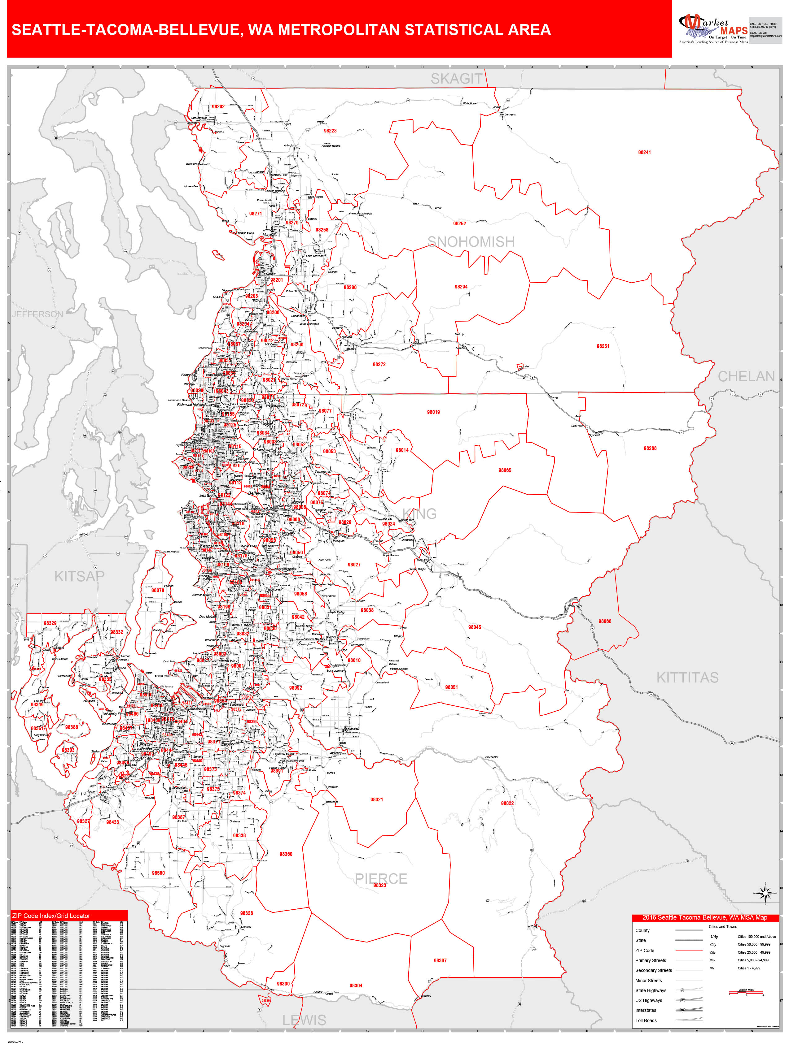 Seattle-Tacoma-Bellevue, WA Metro Area Wall Map Red Line Style by ...