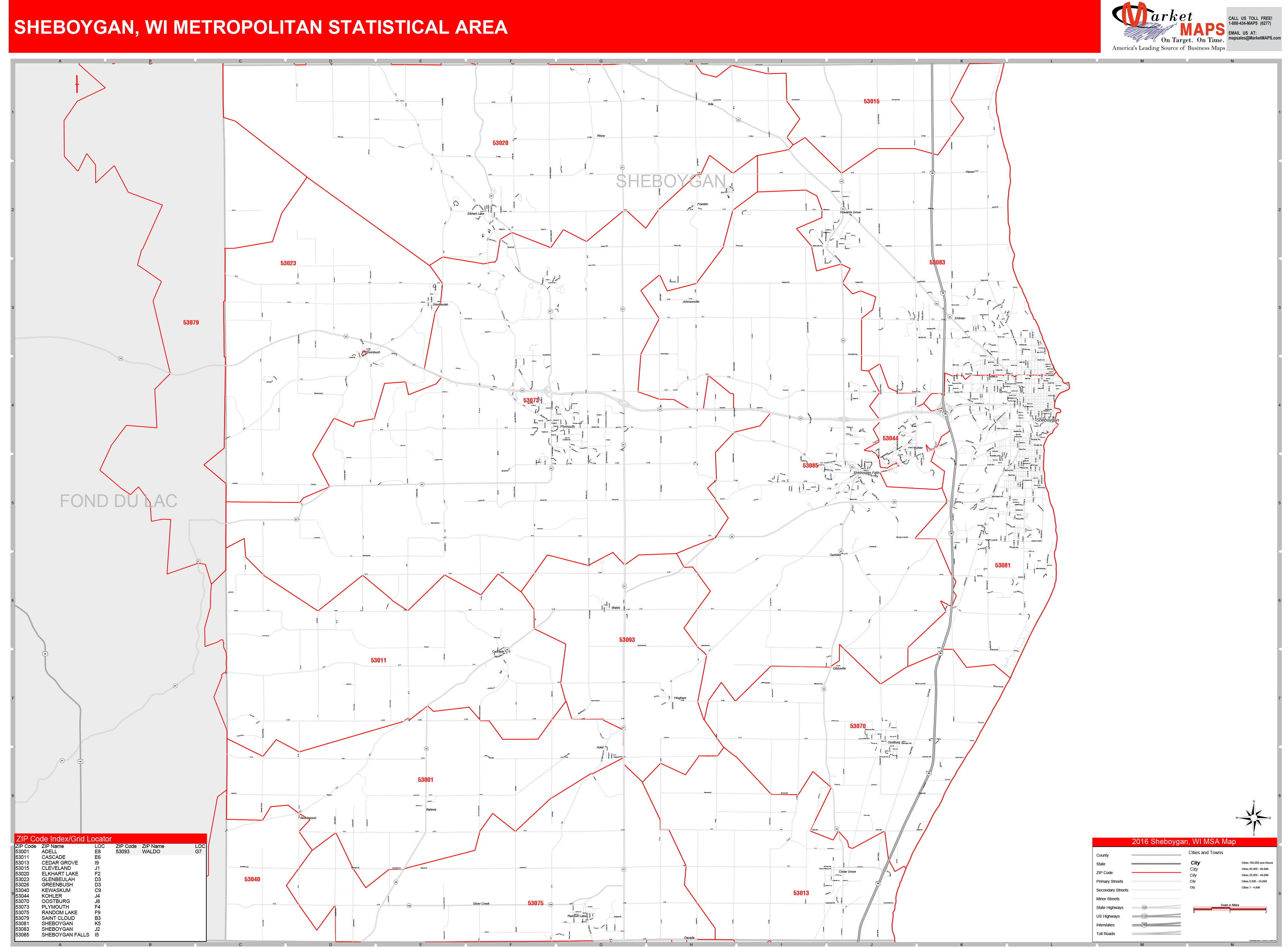 Sheboygan, WI Metro Area Wall Map Red Line Style by MarketMAPS - MapSales