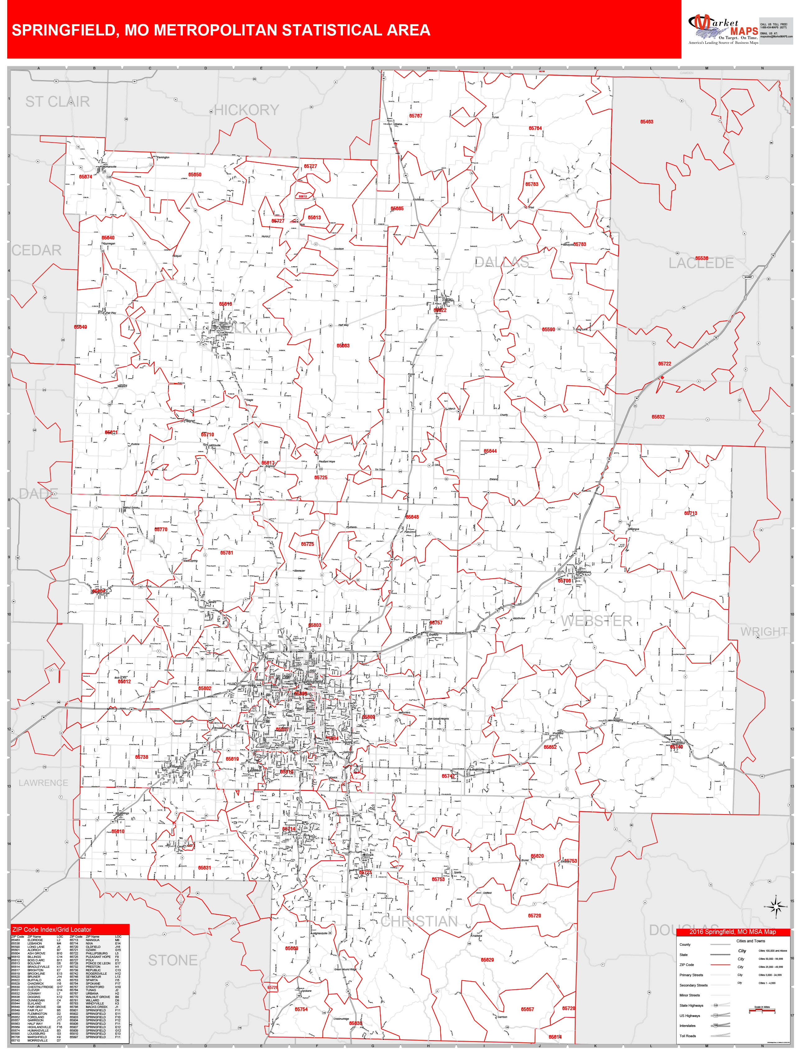 Springfield, MO Metro Area Wall Map Red Line Style by MarketMAPS ...