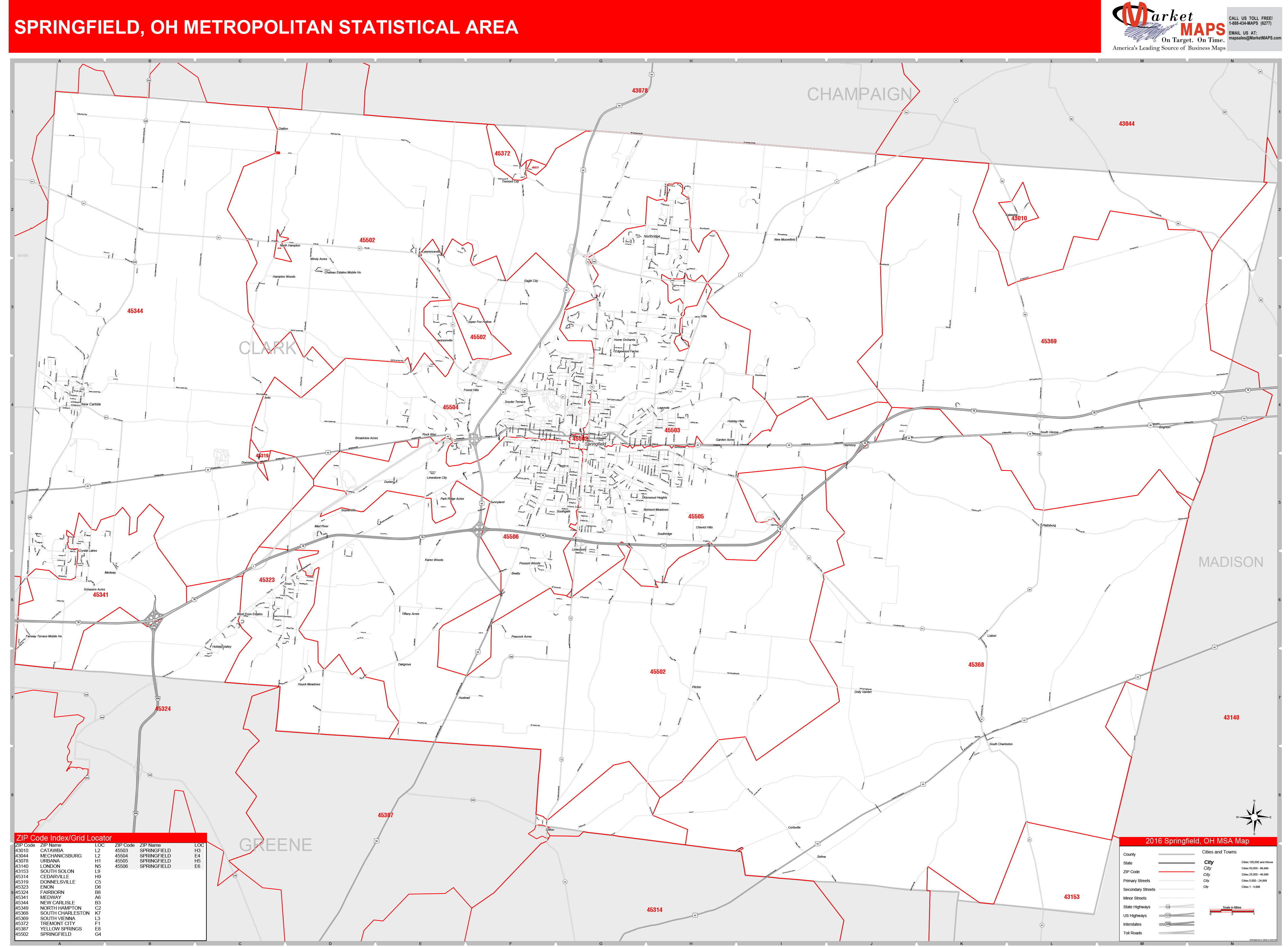Springfield, OH Metro Area Wall Map Red Line Style by MarketMAPS ...