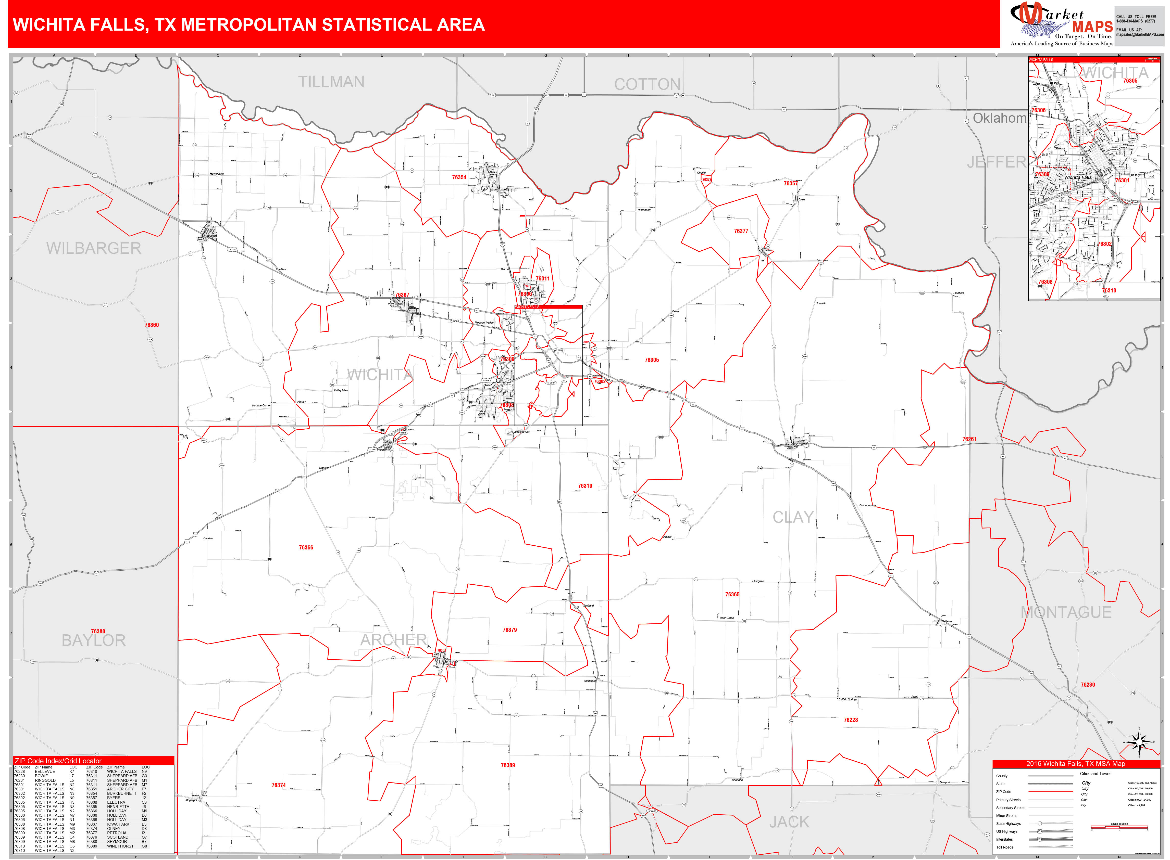 Wichita Falls, TX Metro Area Wall Map Red Line Style by MarketMAPS
