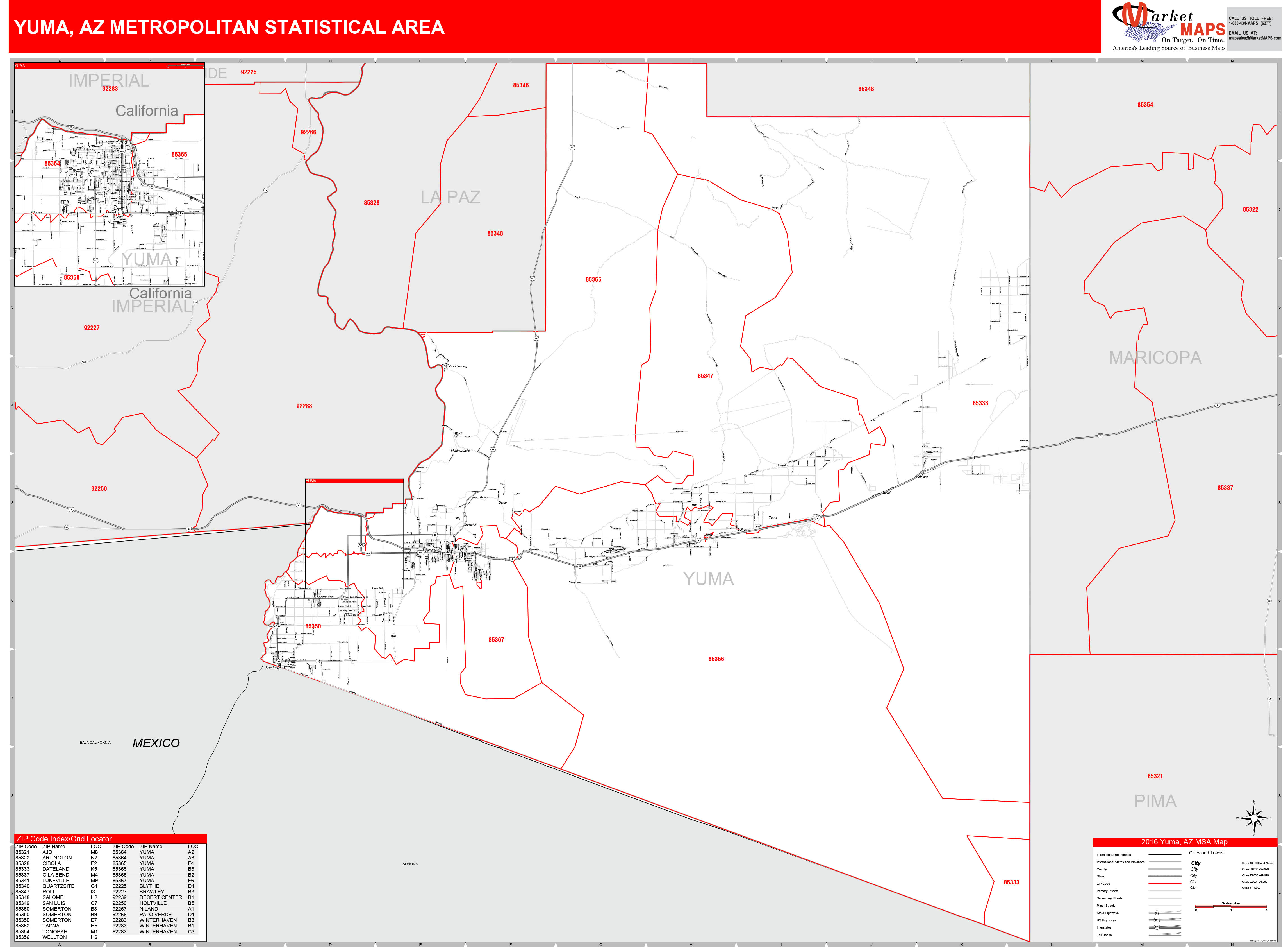Yuma, AZ Metro Area Wall Map Red Line Style by MarketMAPS - MapSales