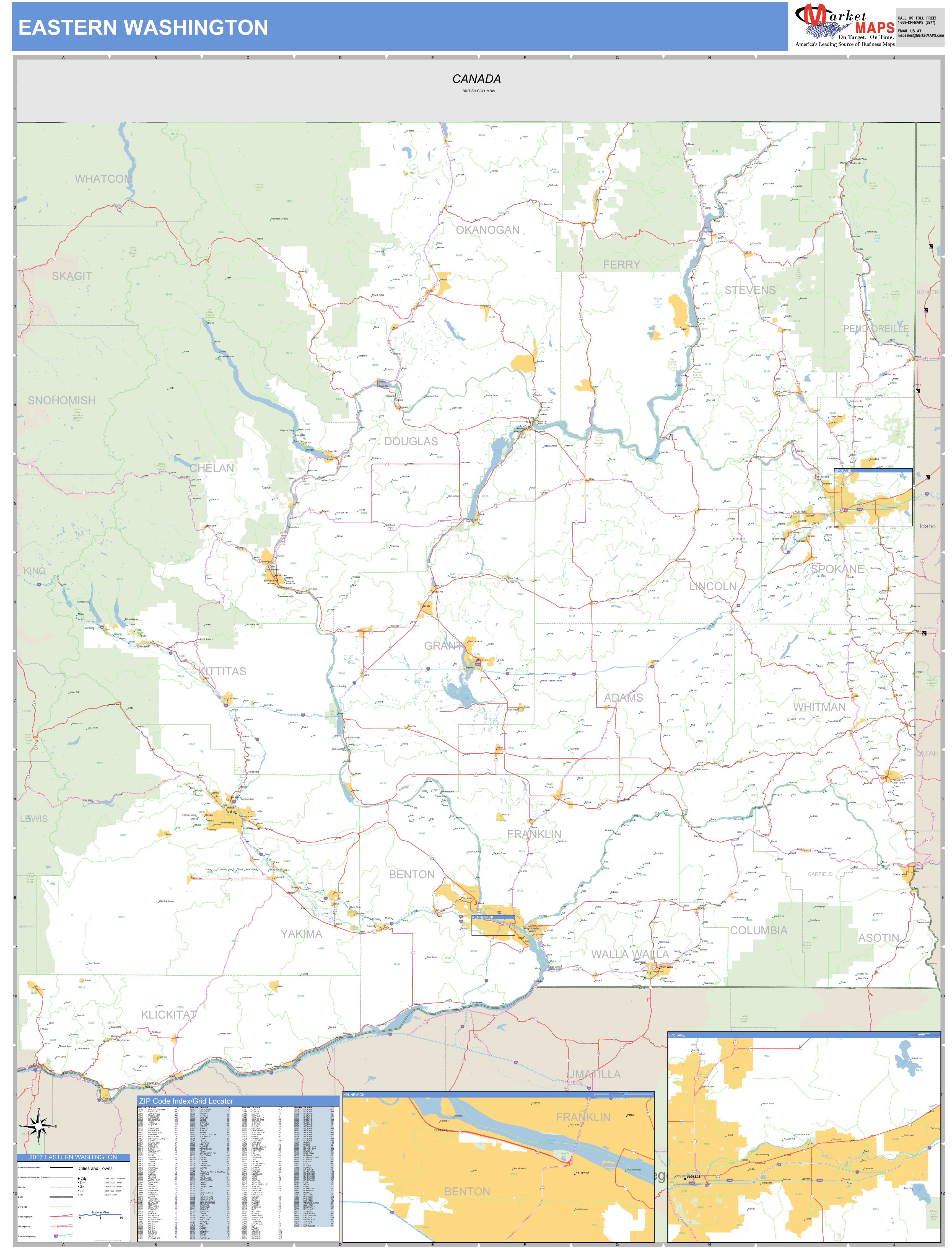 Washington Eastern Wall Map Basic Style by MarketMAPS - MapSales