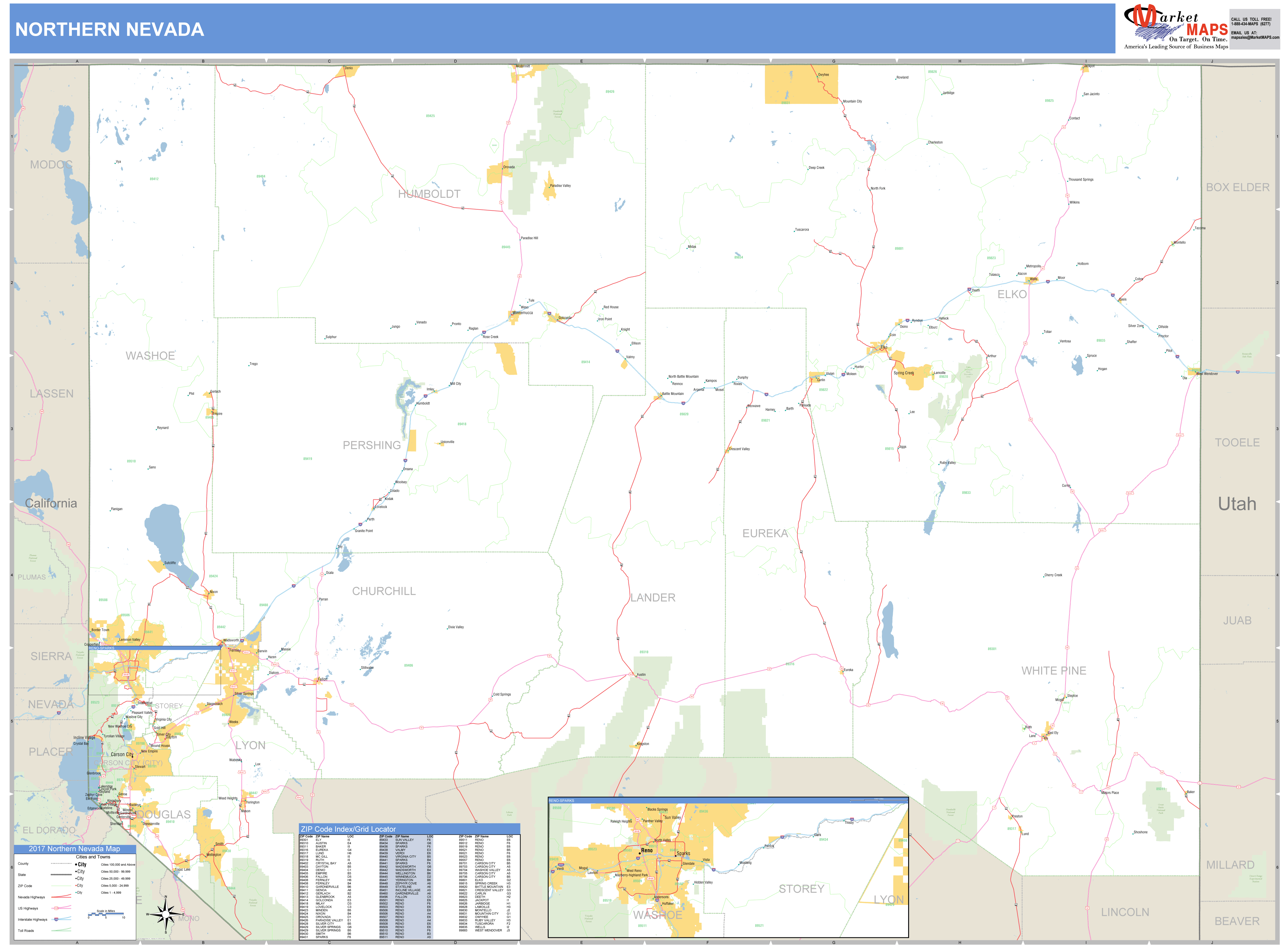 Nevada Northern Wall Map Basic Style by MarketMAPS - MapSales.com