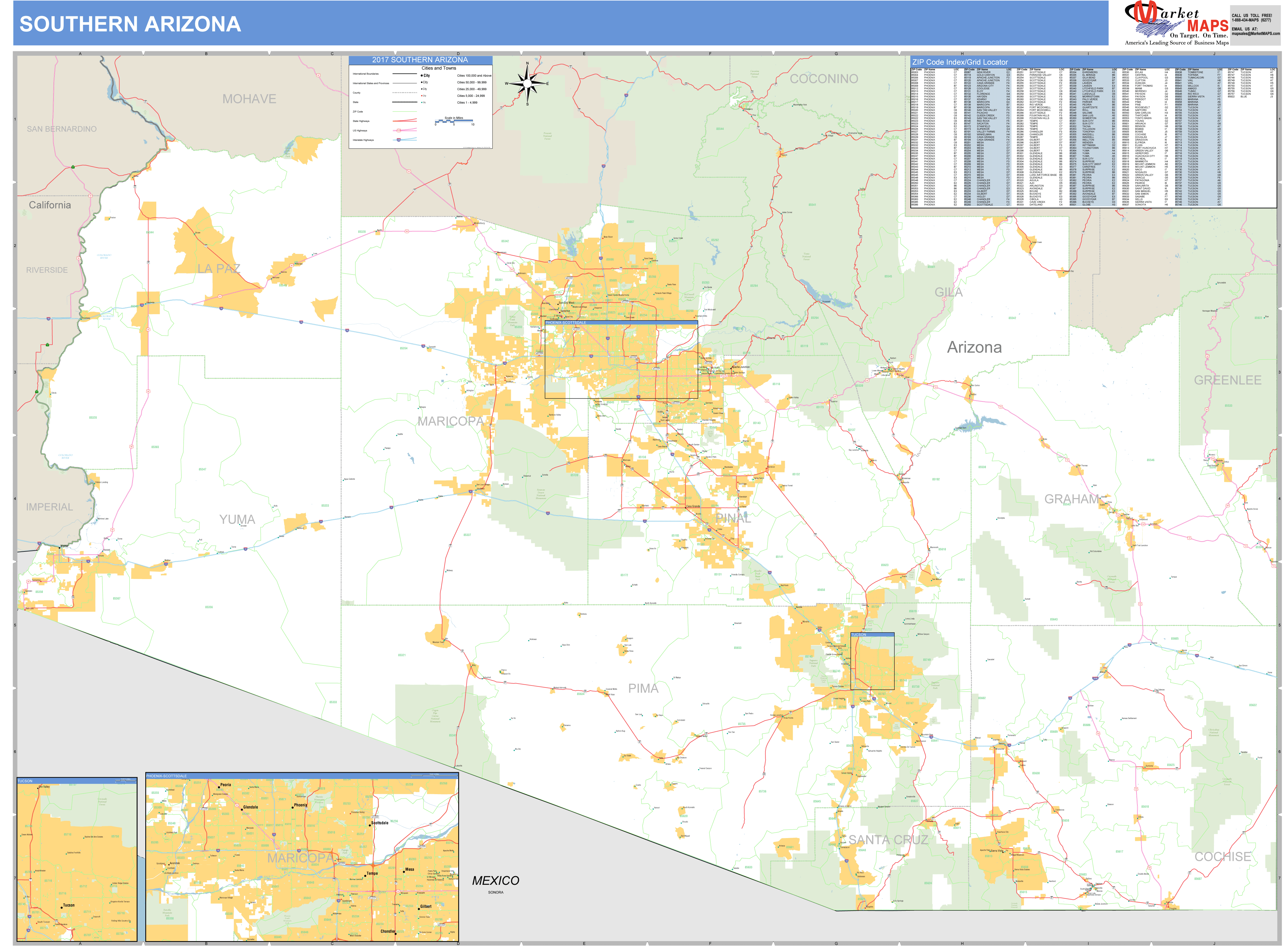 Arizona Southern Wall Map Basic Style by MarketMAPS - MapSales