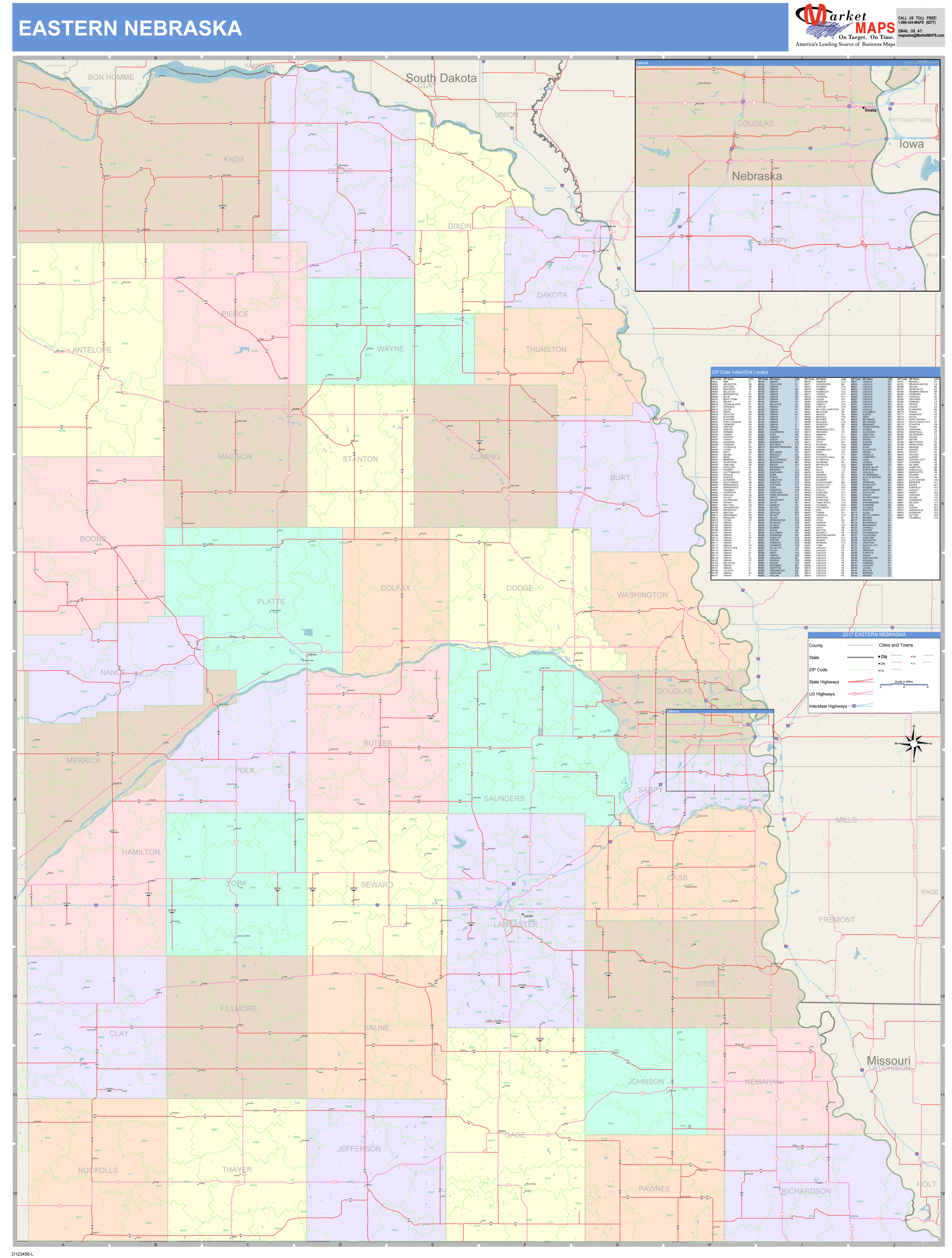 Nebraska Eastern Wall Map Color Cast Style by MarketMAPS - MapSales