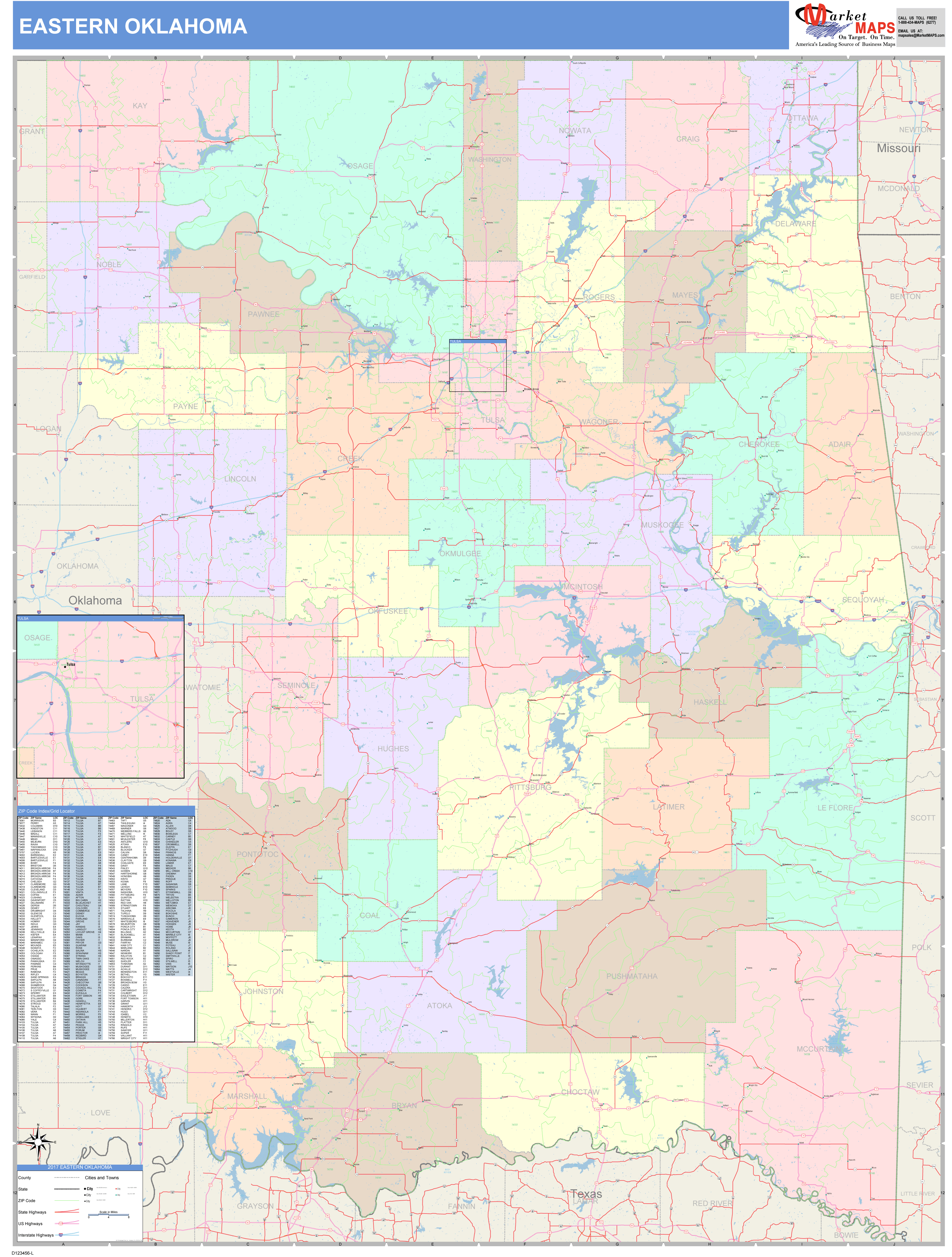 Oklahoma Eastern Wall Map Color Cast Style by MarketMAPS - MapSales