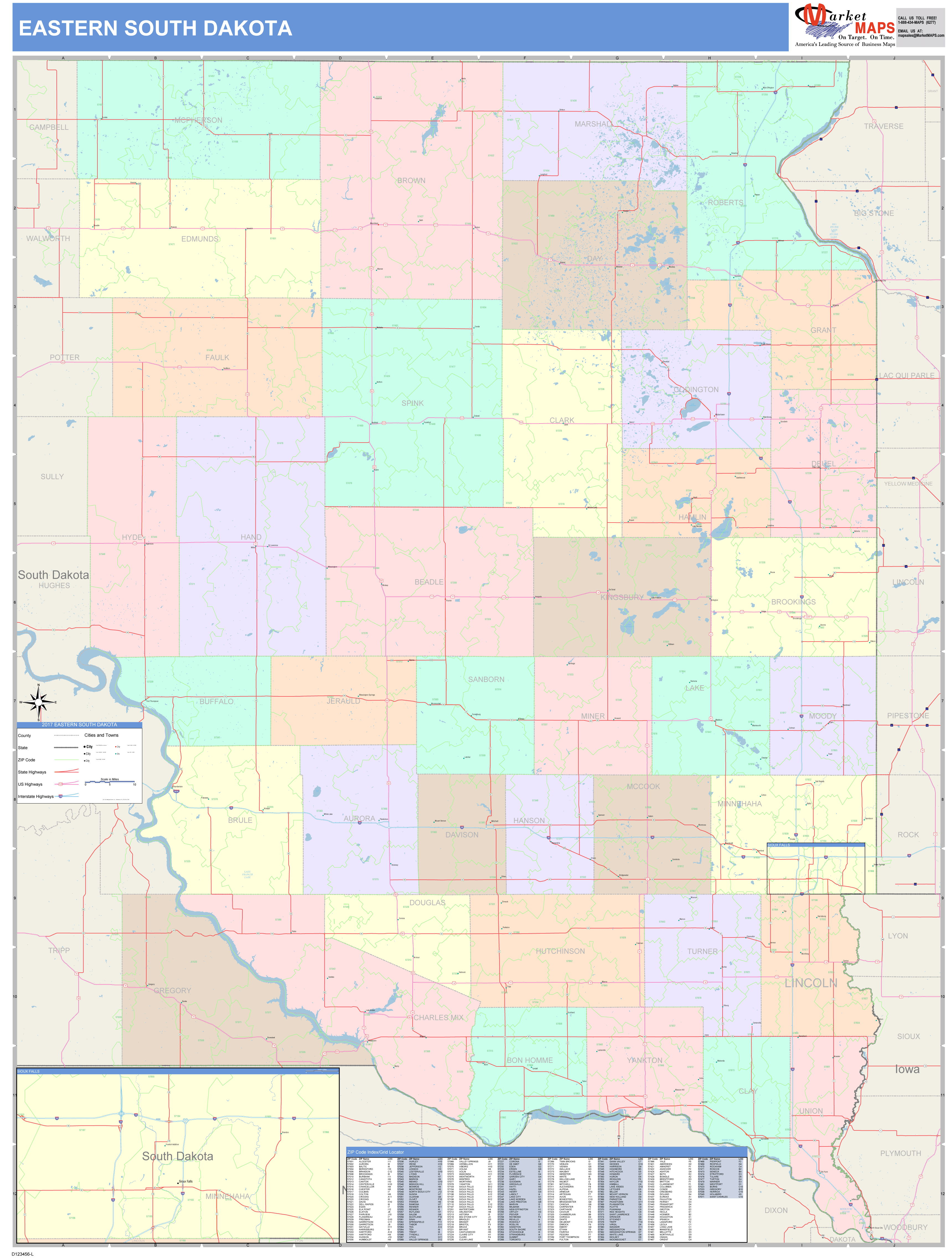 South Dakota Eastern Wall Map Color Cast Style by MarketMAPS - MapSales.com
