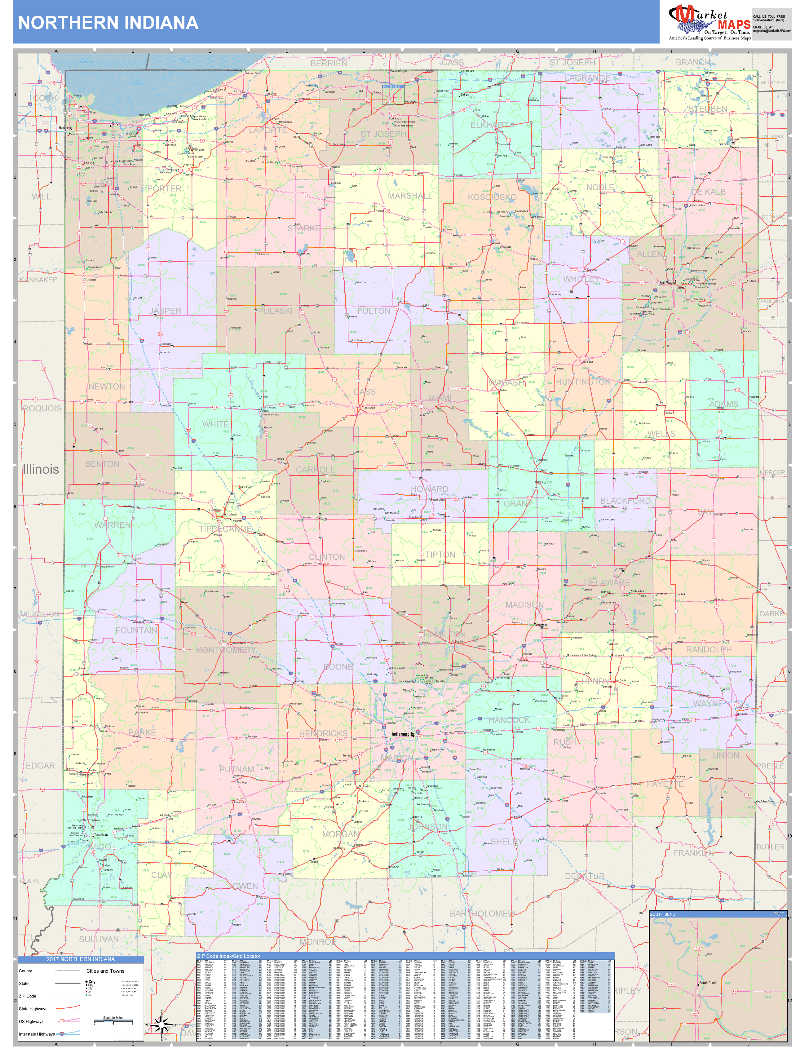 Indiana Northern Wall Map Color Cast Style by MarketMAPS - MapSales