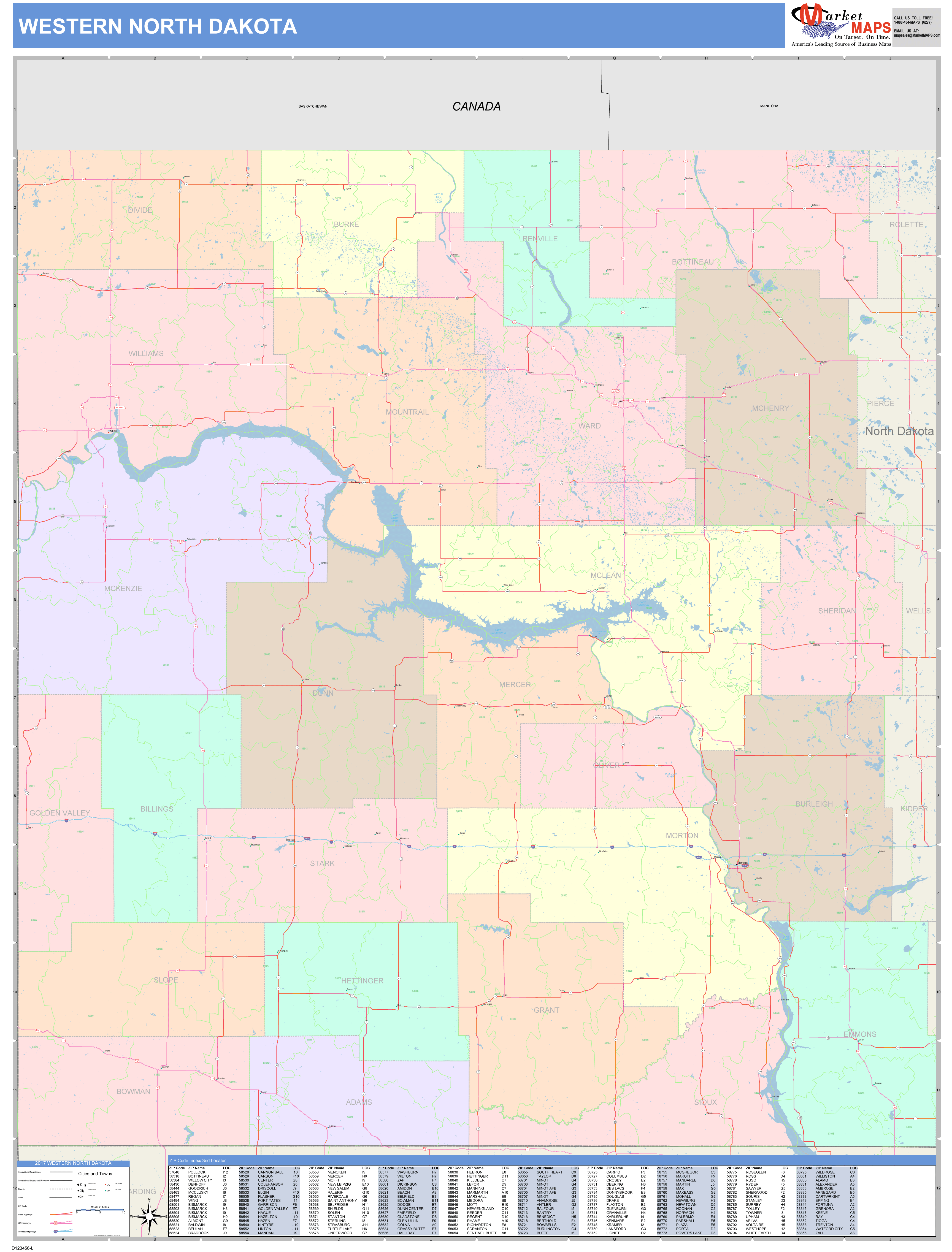 North Dakota Western Wall Map Color Cast Style by MarketMAPS - MapSales.com