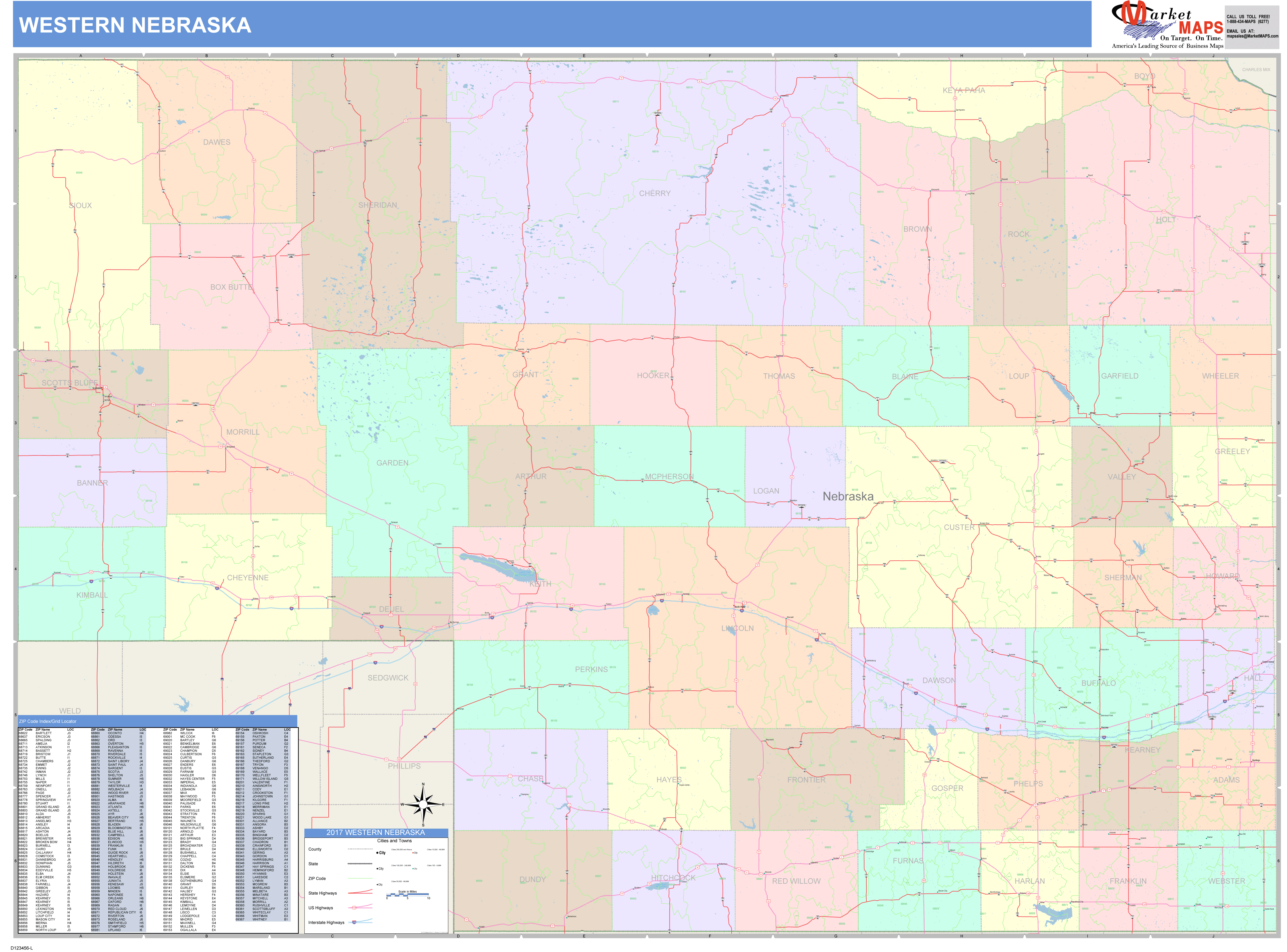 Nebraska Western Wall Map Color Cast Style by MarketMAPS - MapSales