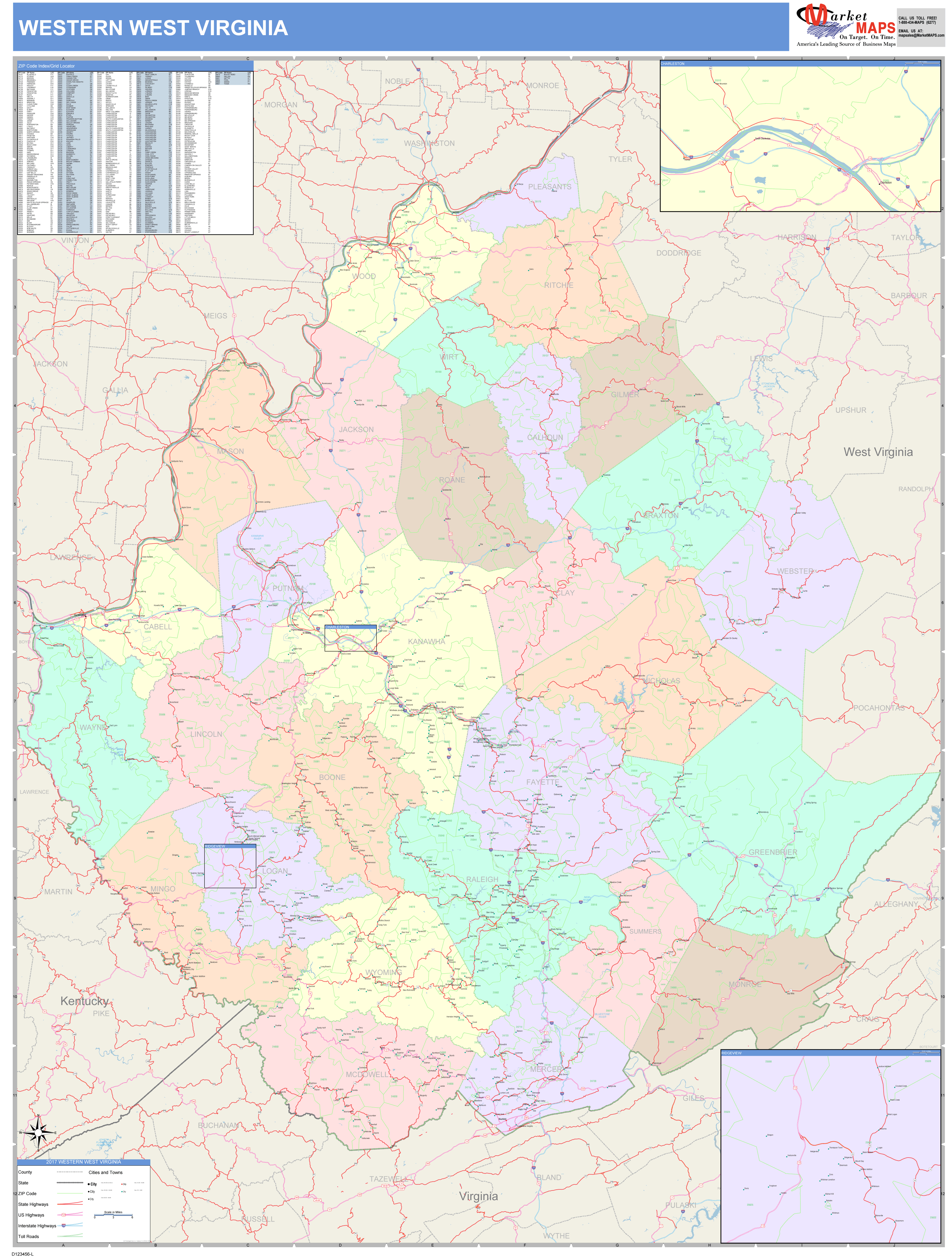 West Virginia Western Wall Map Color Cast Style by MarketMAPS - MapSales