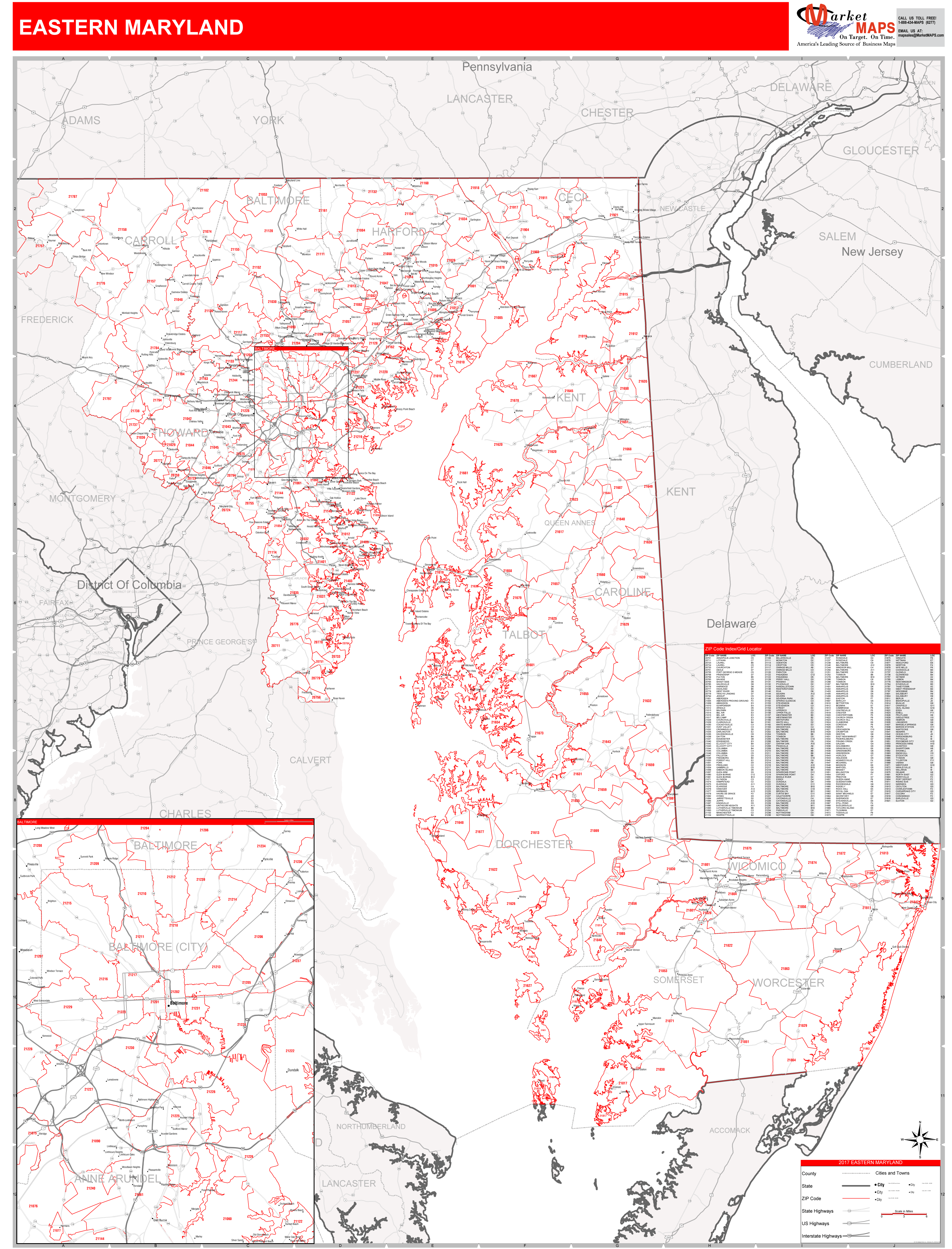 Maryland Eastern Wall Map Red Line Style by MarketMAPS - MapSales