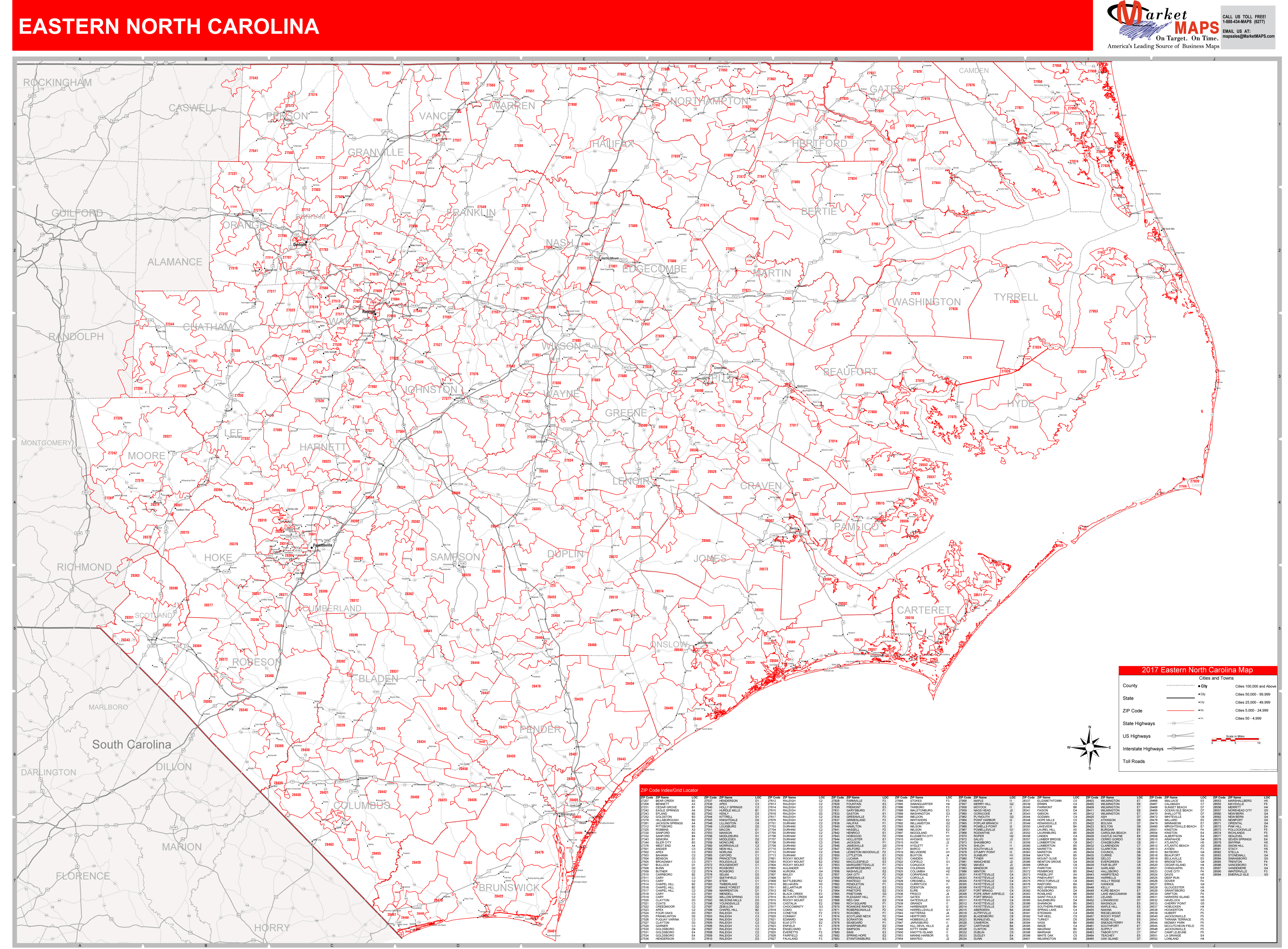 North Carolina Eastern Wall Map Red Line Style by MarketMAPS - MapSales.com