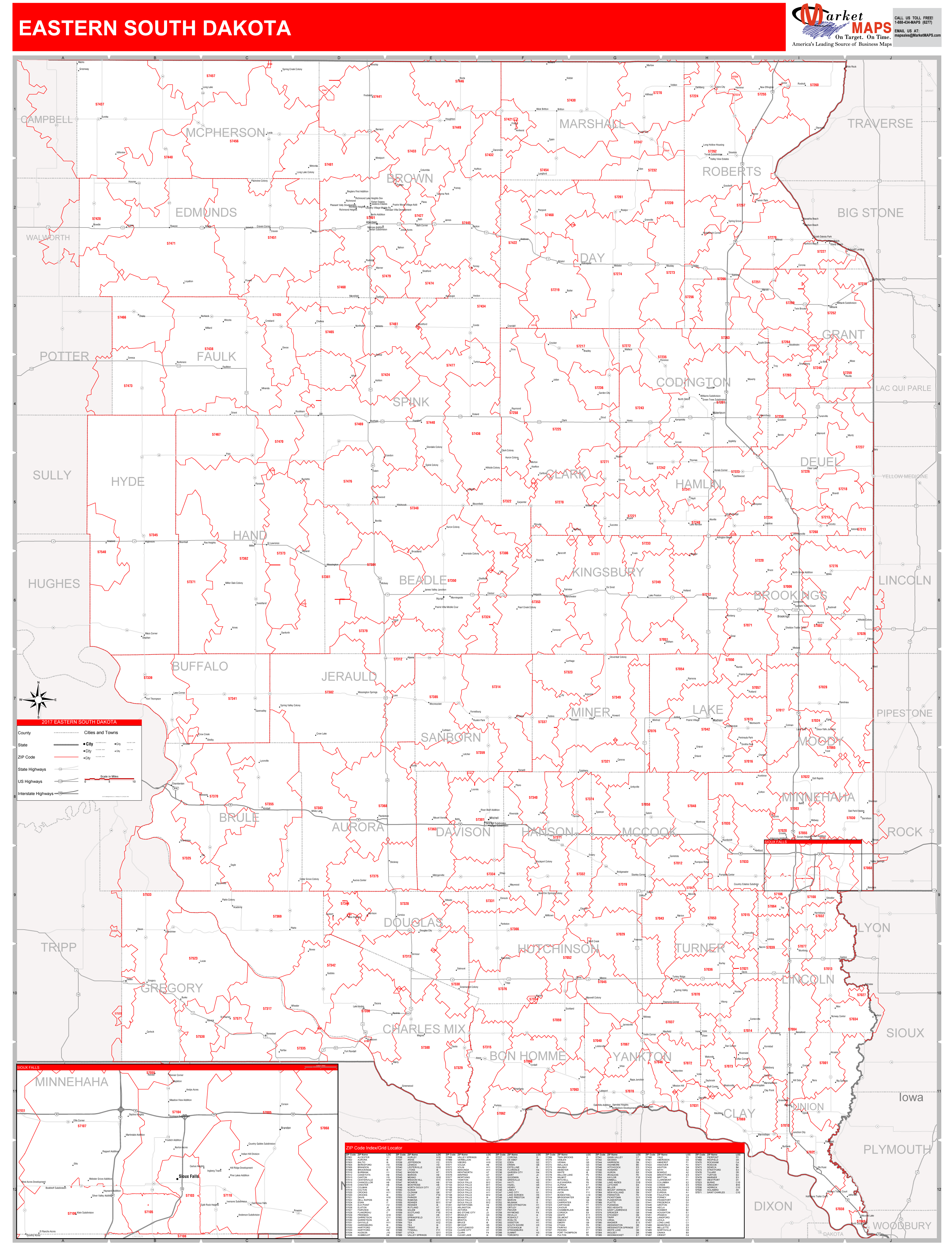 South Dakota Eastern Wall Map Red Line Style by MarketMAPS - MapSales.com
