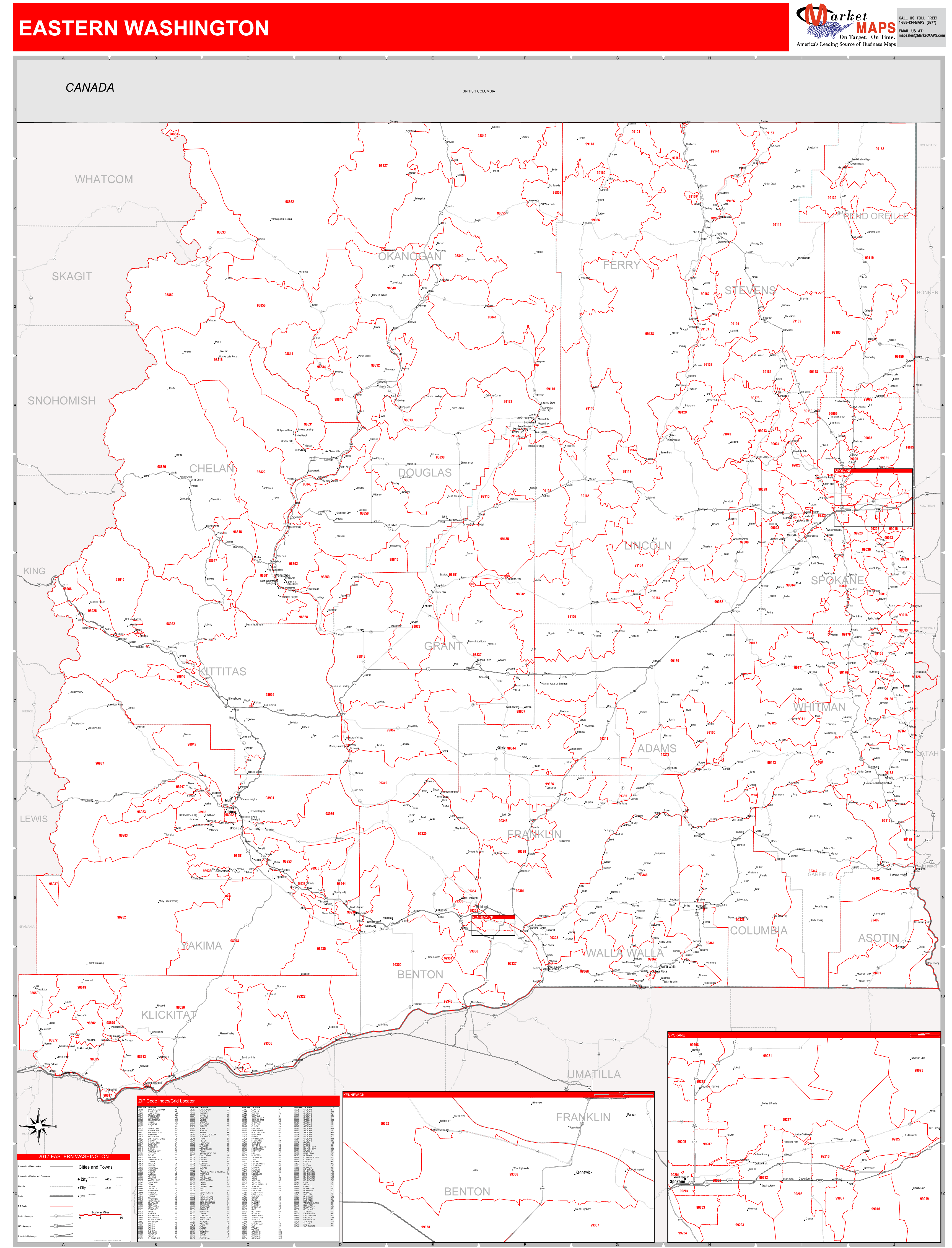 Washington Eastern Wall Map Red Line Style by MarketMAPS - MapSales