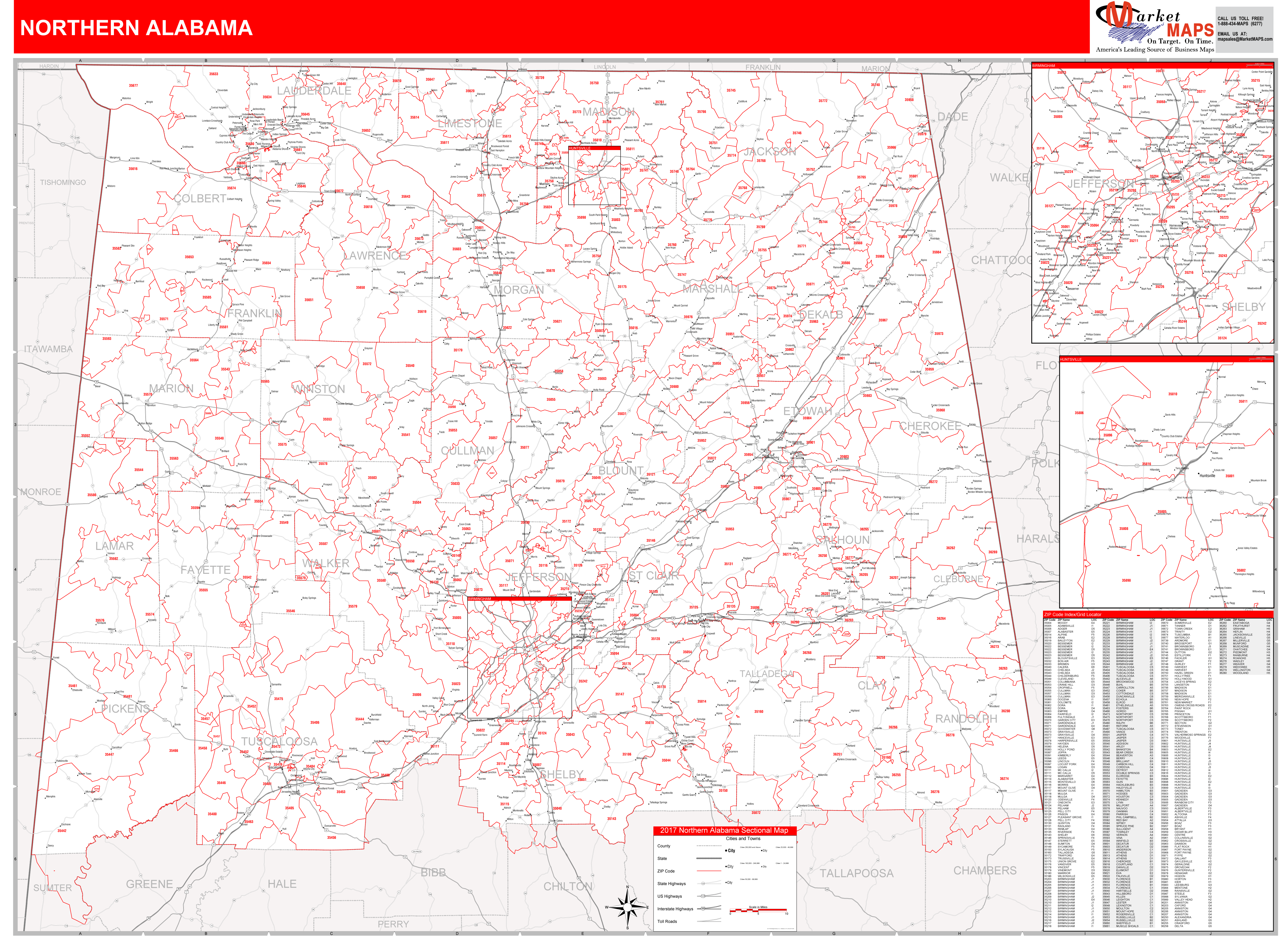 Alabama Northern Wall Map Red Line Style by MarketMAPS - MapSales