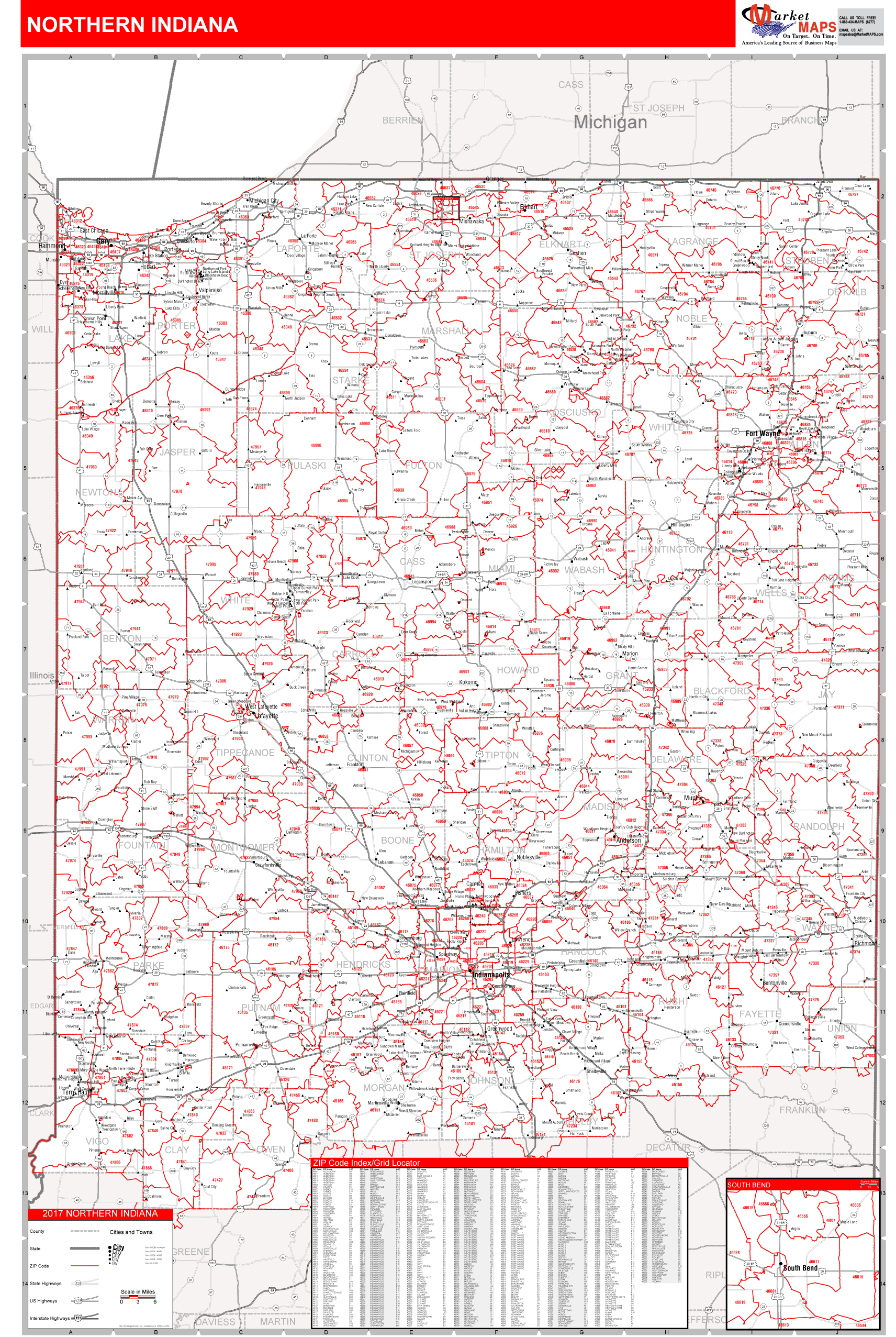Indiana Northern Wall Map Red Line Style by MarketMAPS - MapSales.com