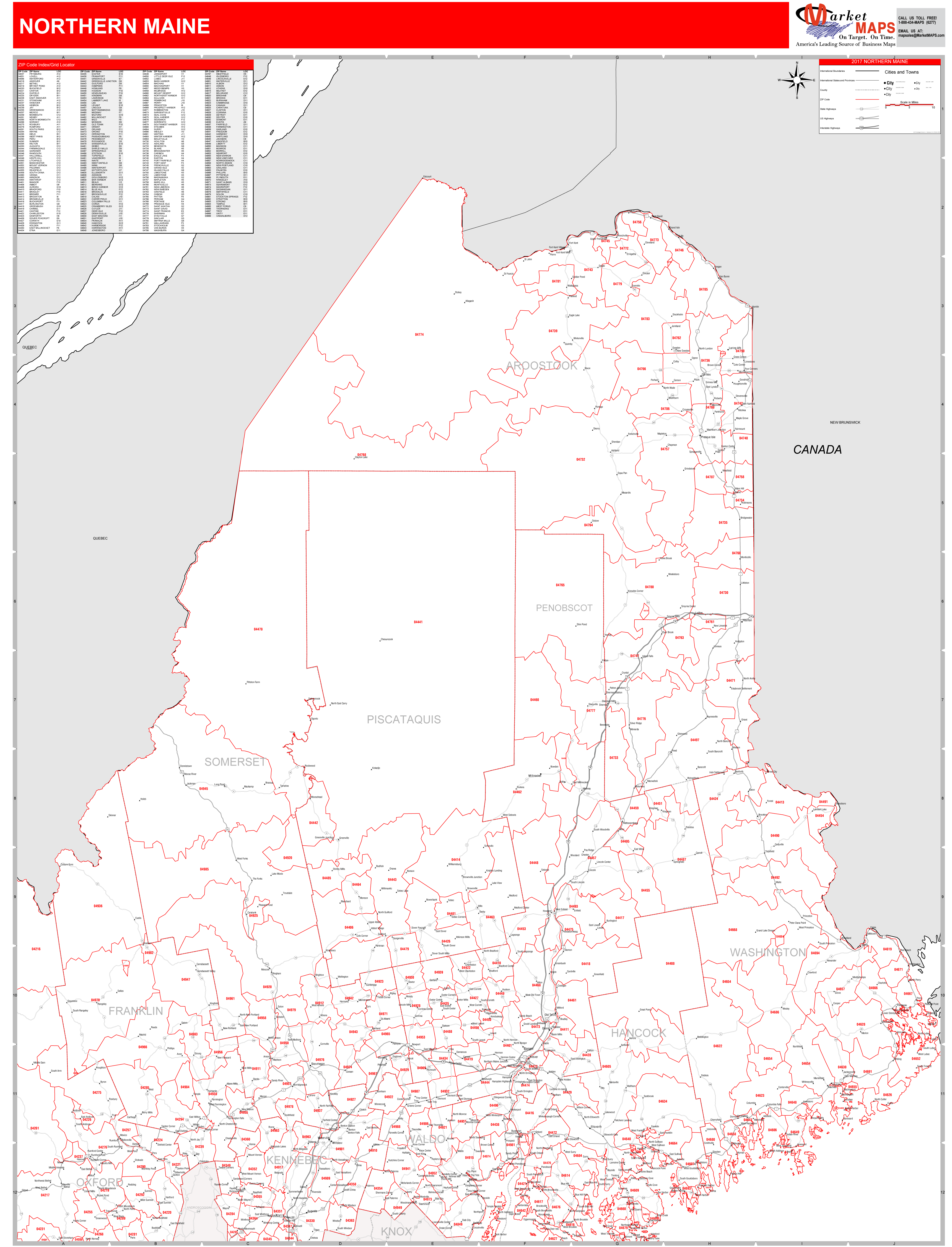 Maine Northern Wall Map Red Line Style by MarketMAPS - MapSales.com