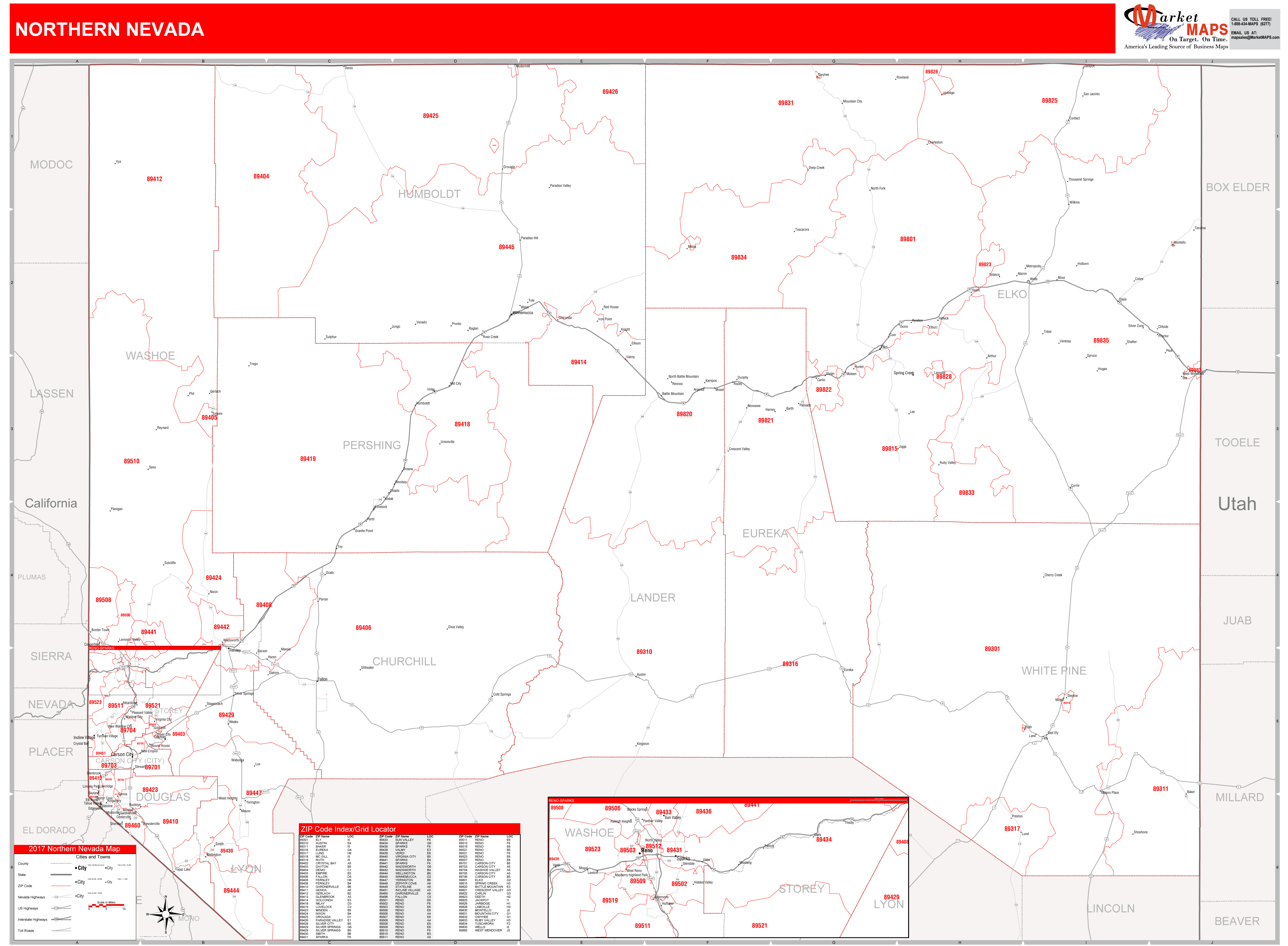 Nevada Northern Wall Map Red Line Style by MarketMAPS - MapSales.com
