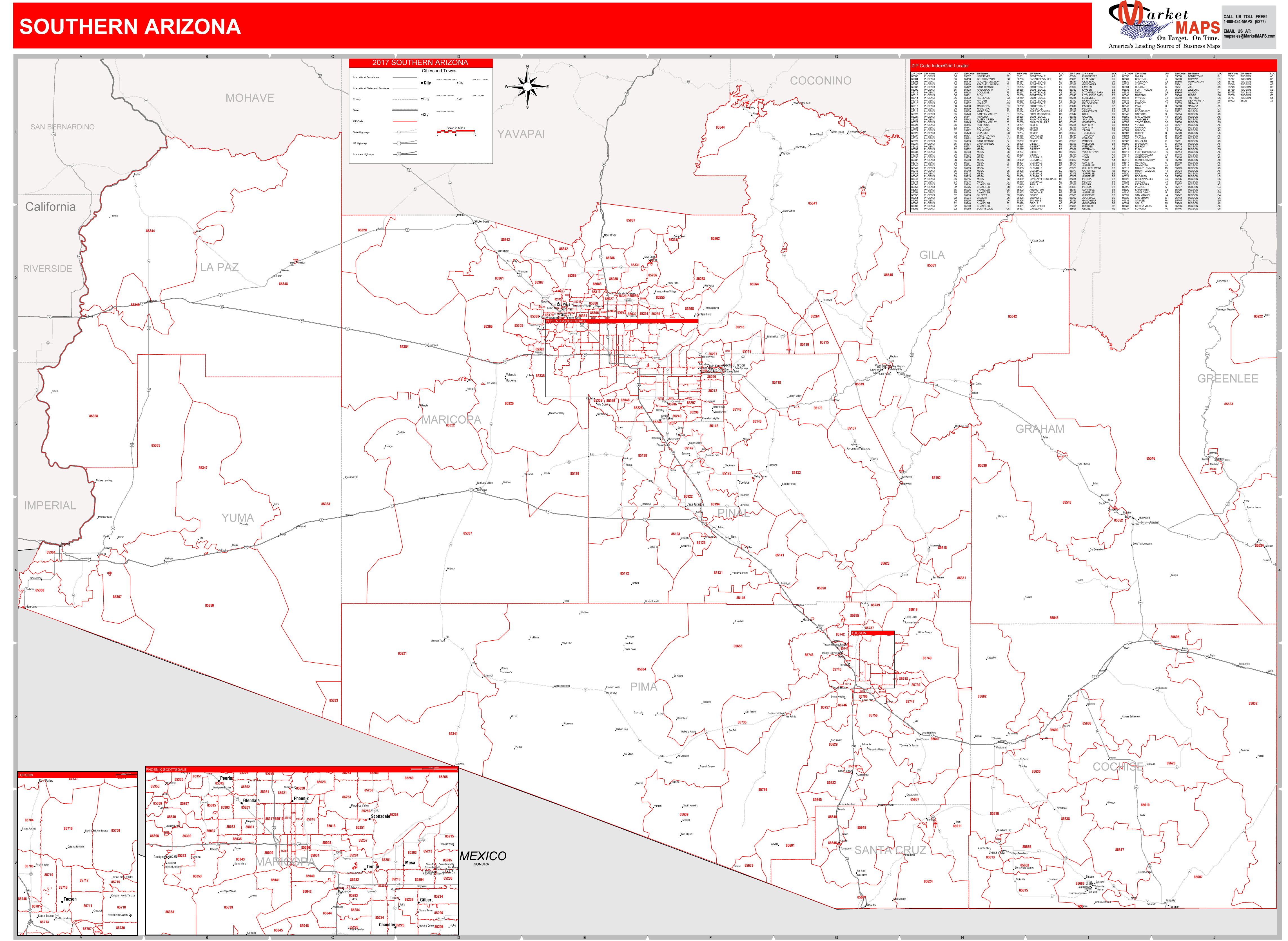 Arizona Southern Wall Map Red Line Style by MarketMAPS - MapSales.com