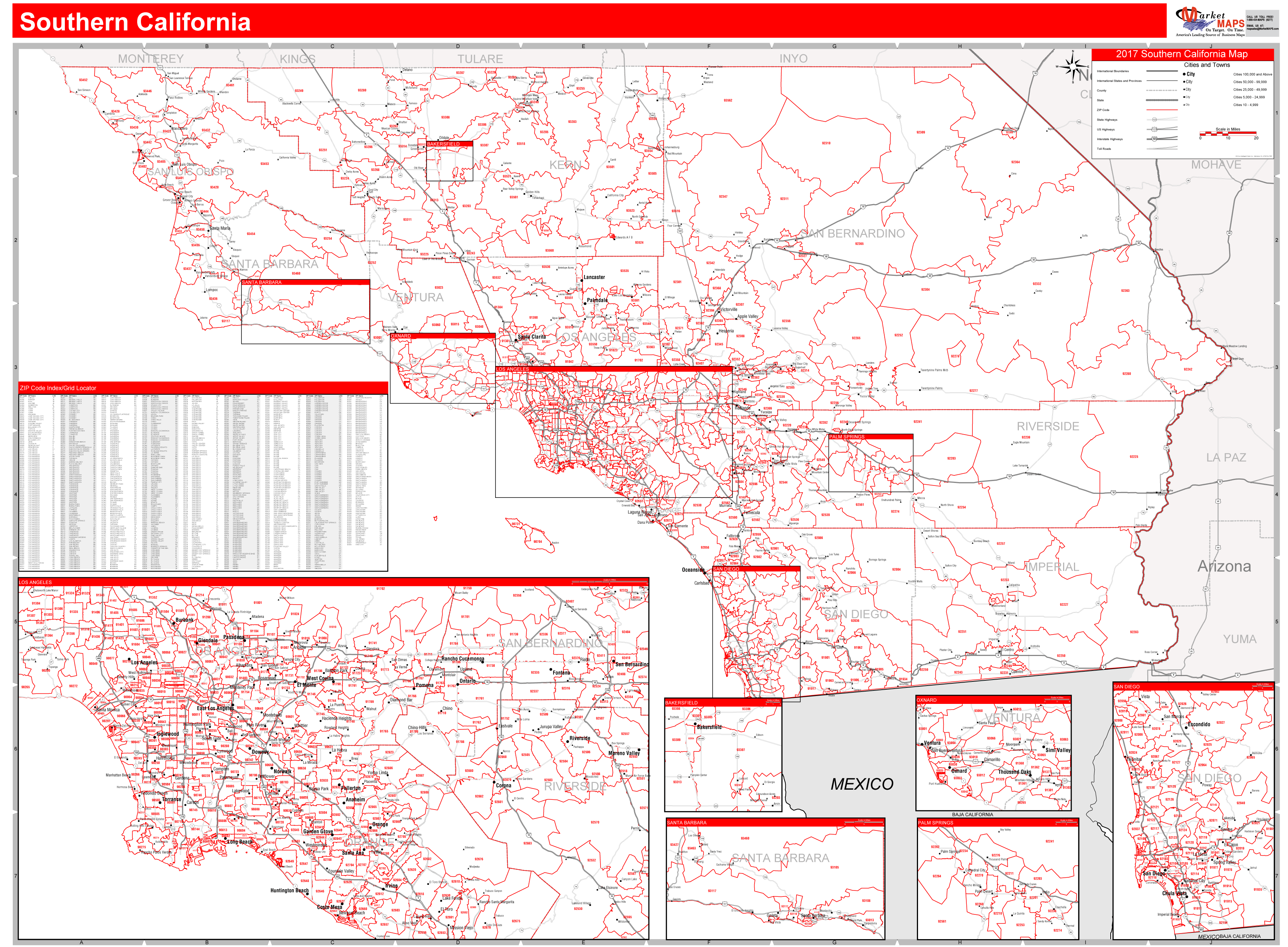 California Southern Wall Map Red Line Style by MarketMAPS - MapSales