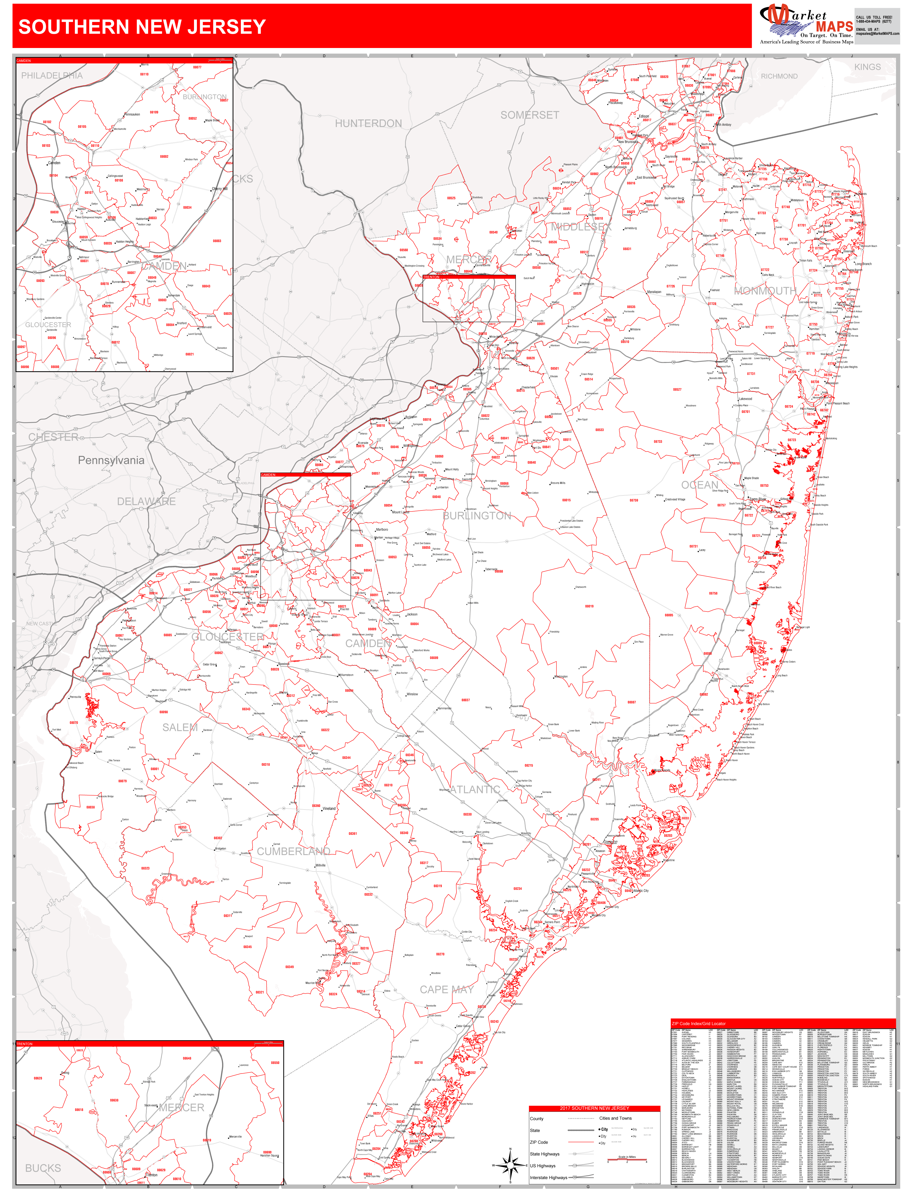 New Jersey Southern Wall Map Red Line Style by MarketMAPS - MapSales