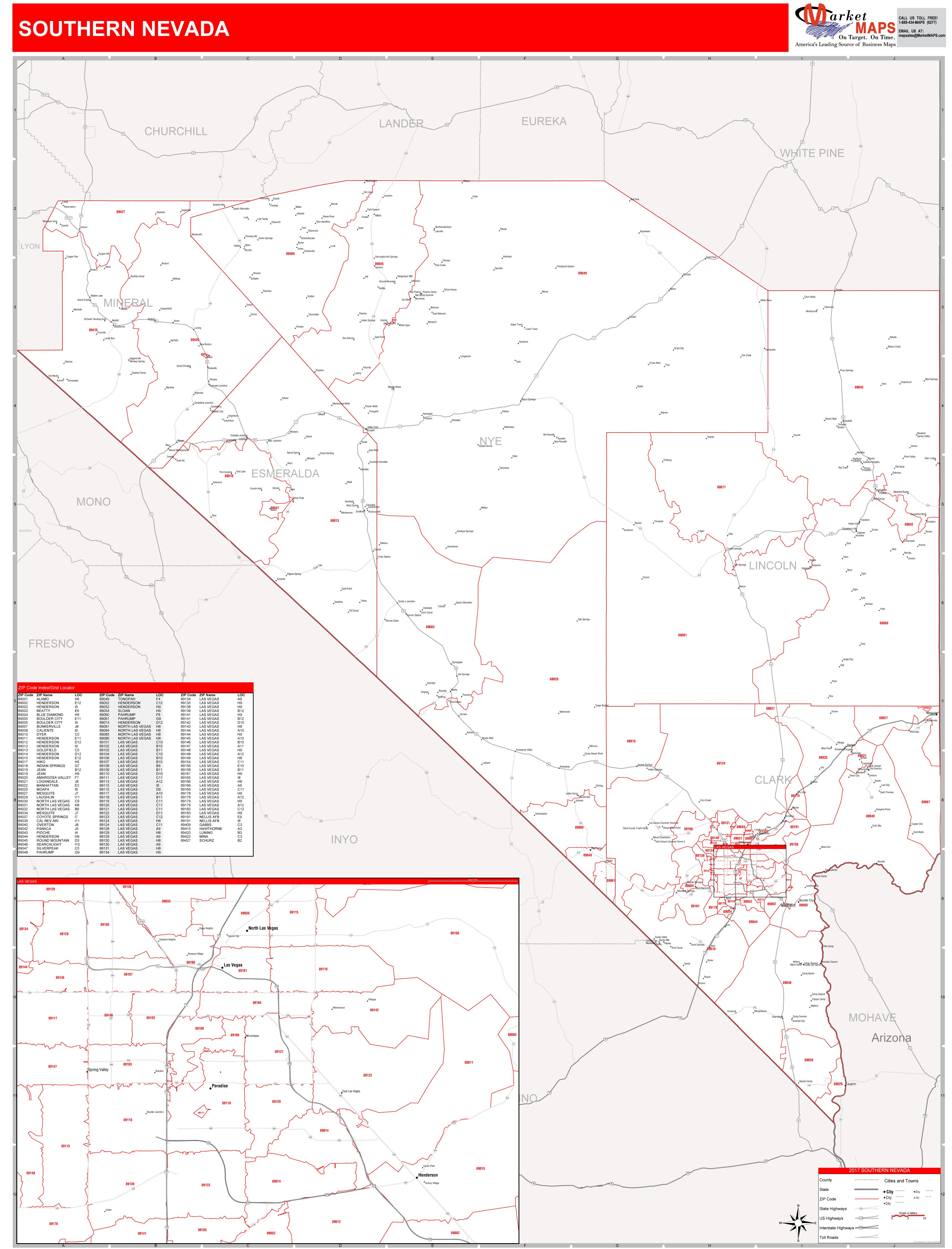 Nevada Southern Wall Map Red Line Style by MarketMAPS - MapSales