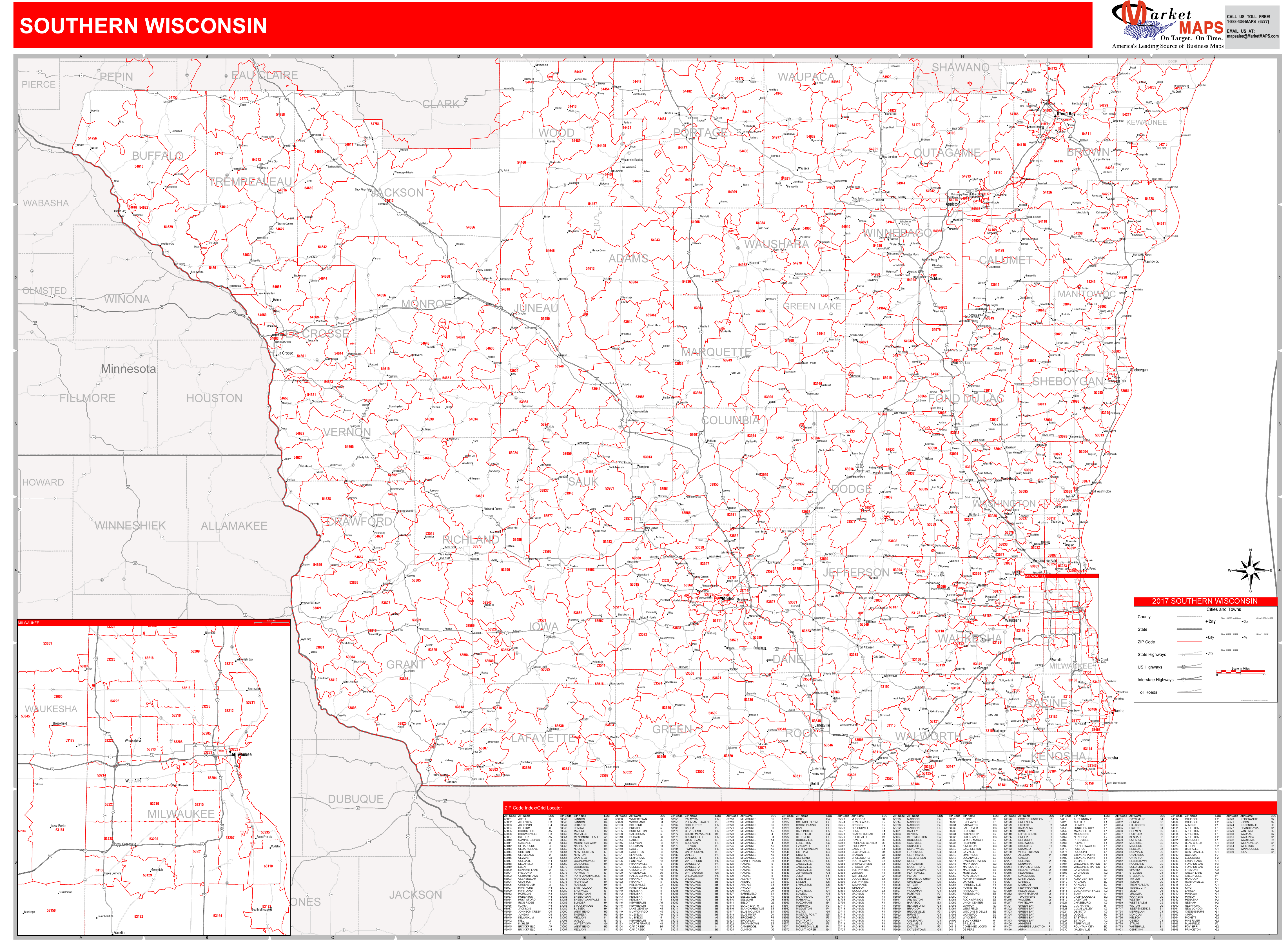Wisconsin Southern Wall Map Red Line Style by MarketMAPS - MapSales.com