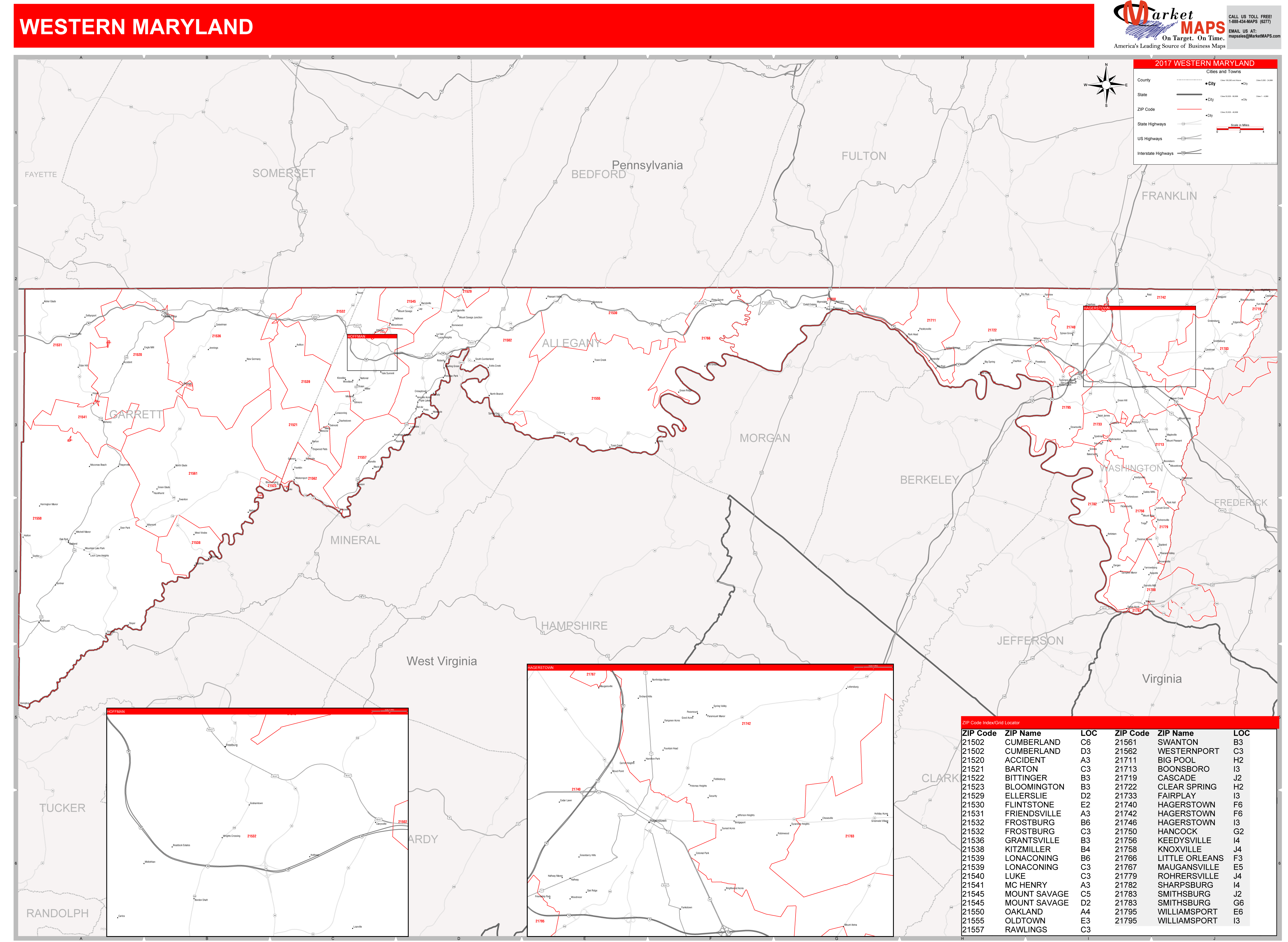 Maryland Western Wall Map Red Line Style by MarketMAPS - MapSales.com