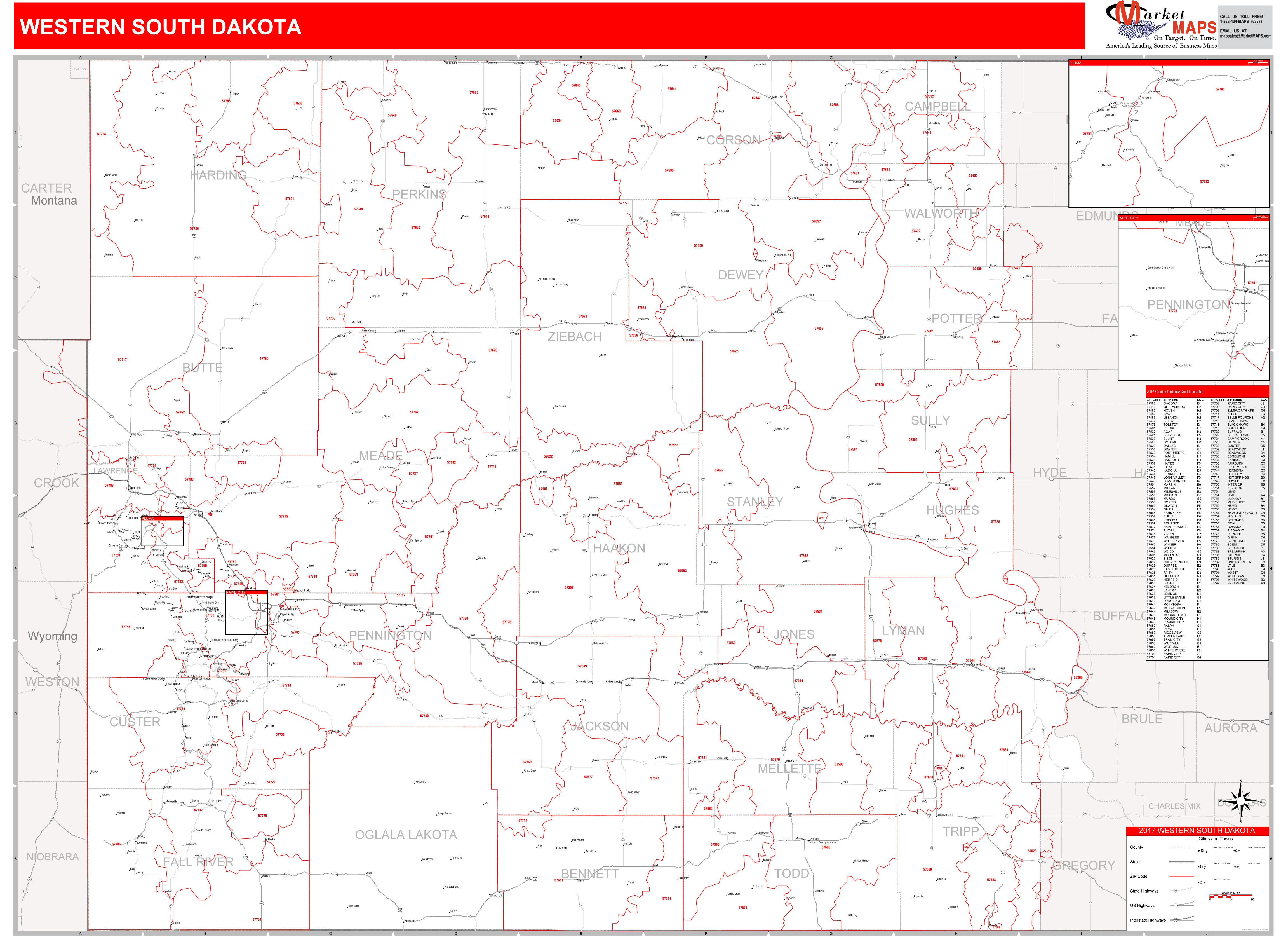 South Dakota Western Wall Map Red Line Style by MarketMAPS - MapSales.com
