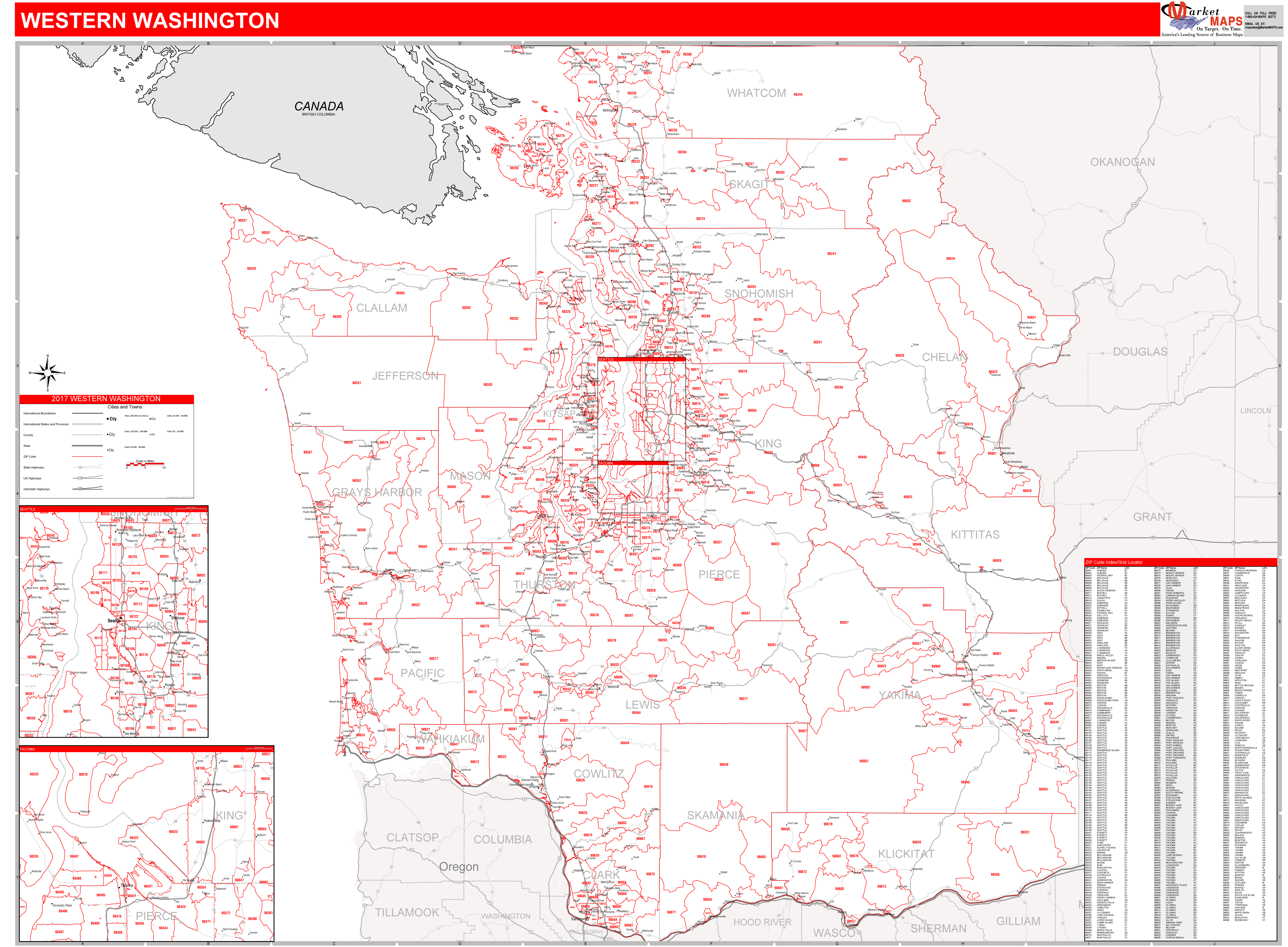 Washington Western Wall Map Red Line Style by MarketMAPS - MapSales